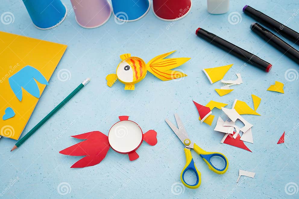 Step by Step Diy Process. Kids Craft Multicoloured Fish from a Paper Coffee Cup, Zero Waste ...