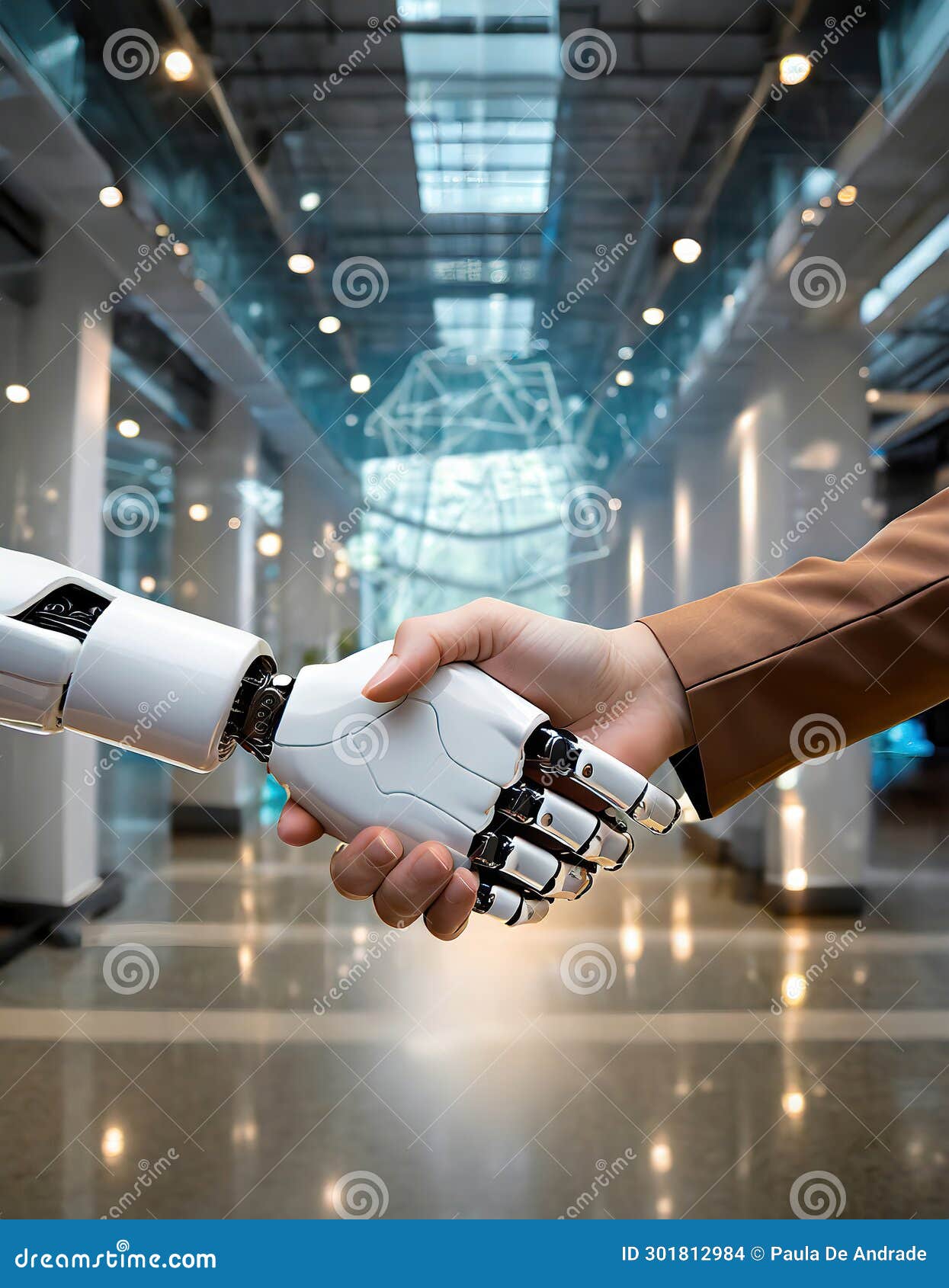 Robot Handshake with Human Hands in a Warehouse Dock Background Stock ...