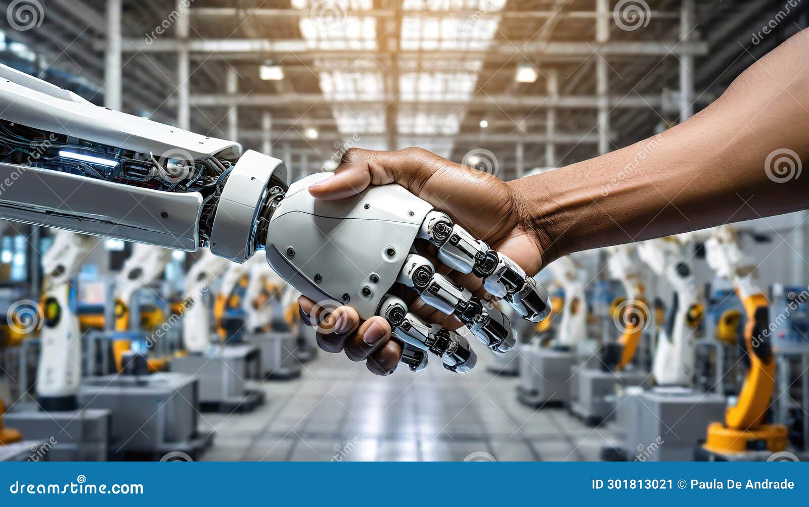 Robot Handshake with Human Hands in a Warehouse Dock Background Stock ...