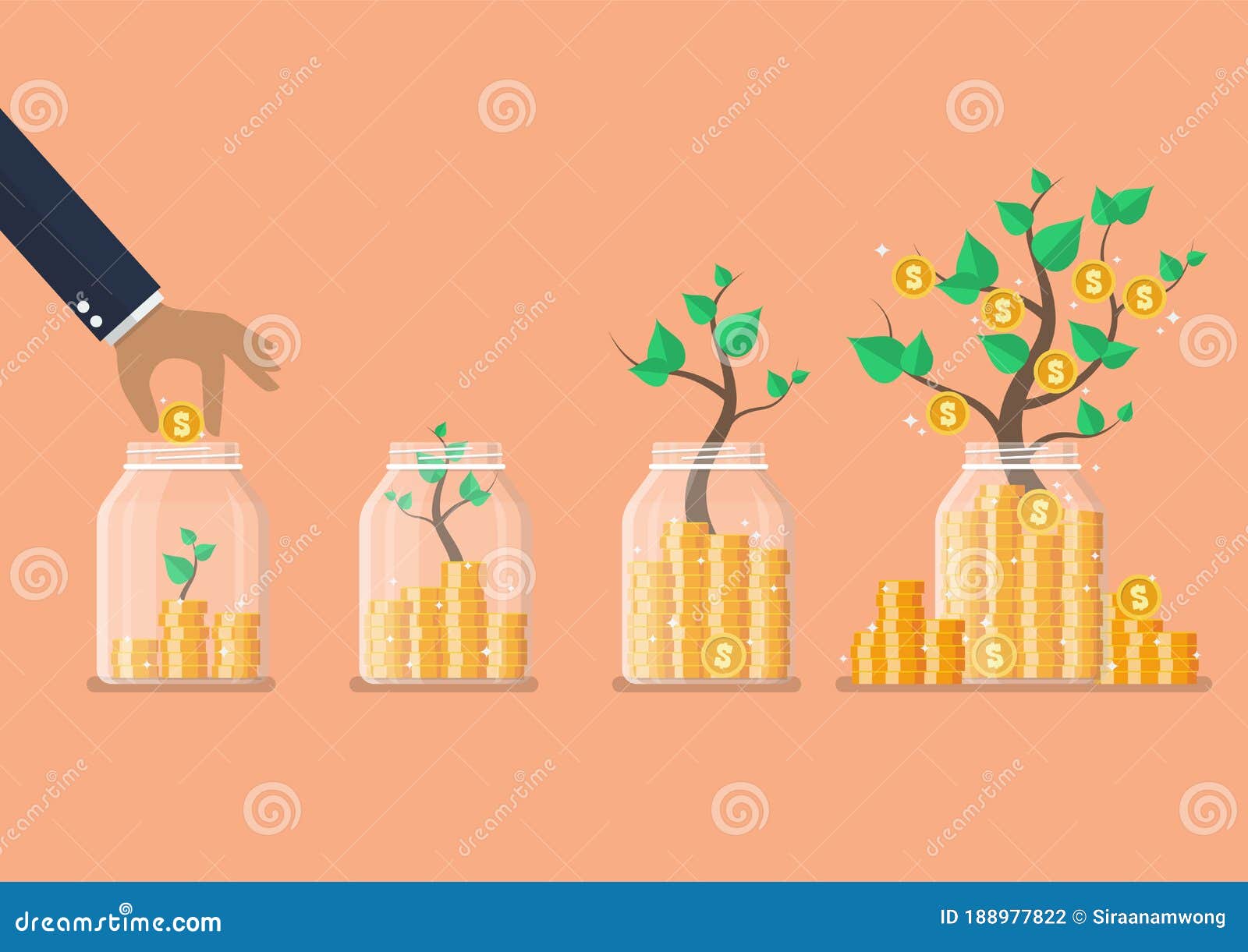 Step of Hand Saving Coins in Glass Jars with Money Trees Stock Vector ...