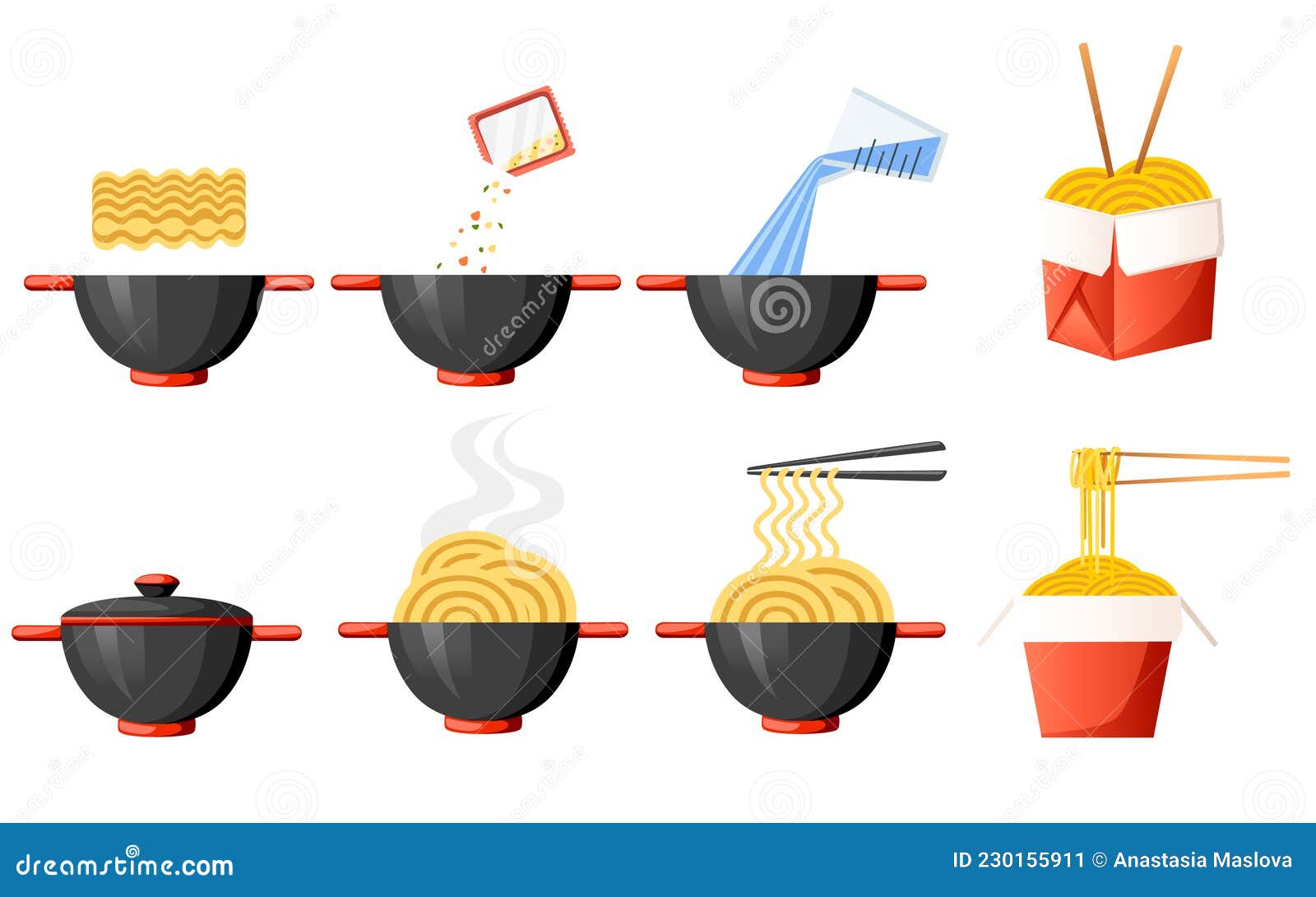 Step by Step Instant Noodle and Pasta Cooking Instructions Vector ...