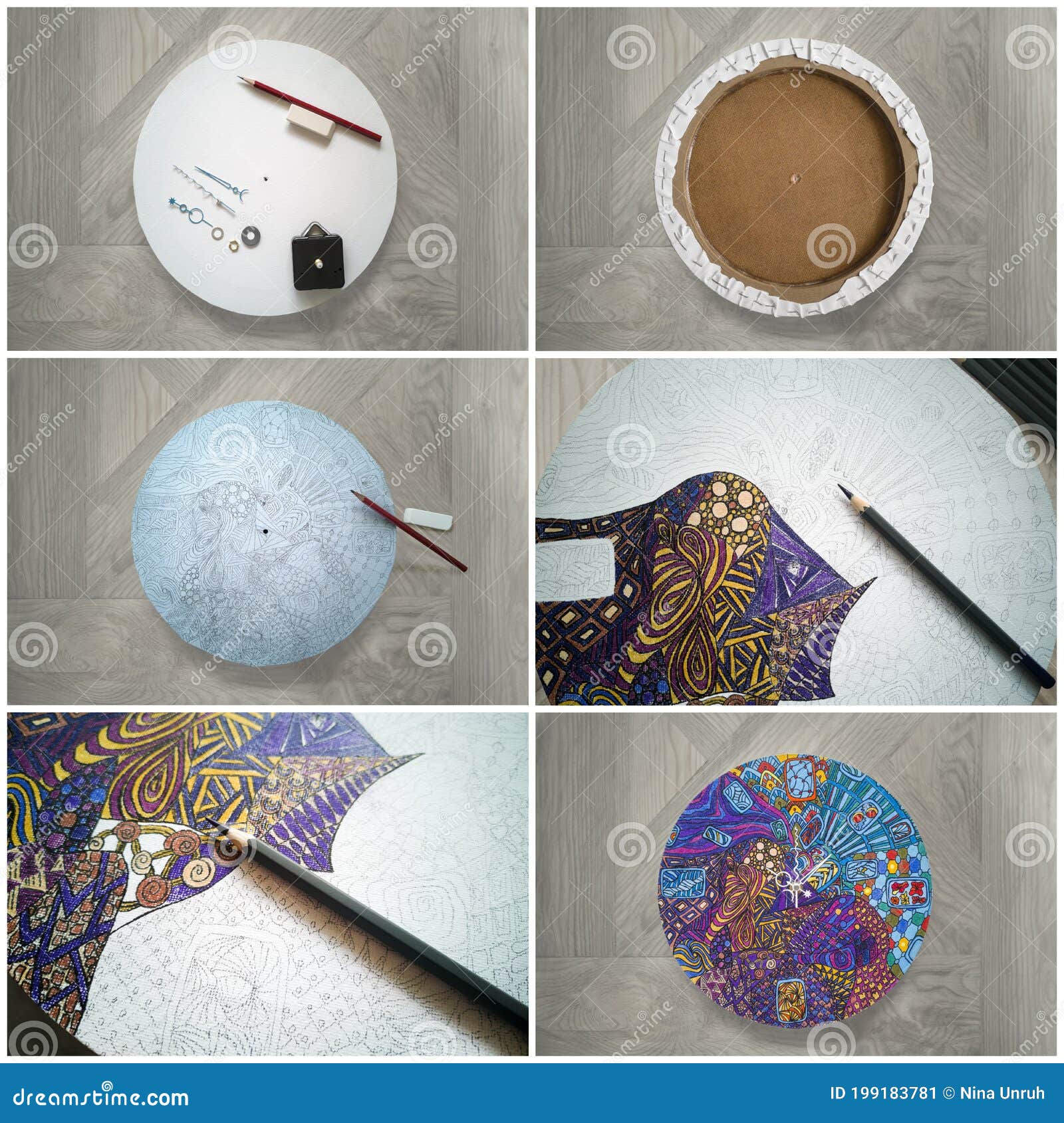 Step-by-step Instructions Collage for DIY Round Wall Clock on Canvas in ...