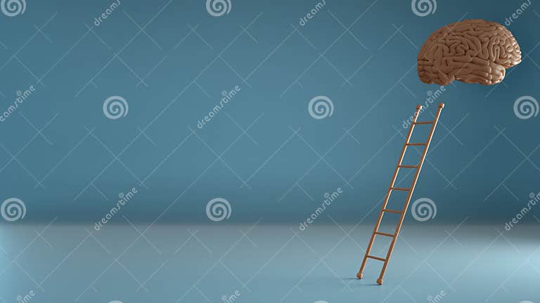 Step Ladder Leading To Human Floating Brain on Blue Background. Growth ...