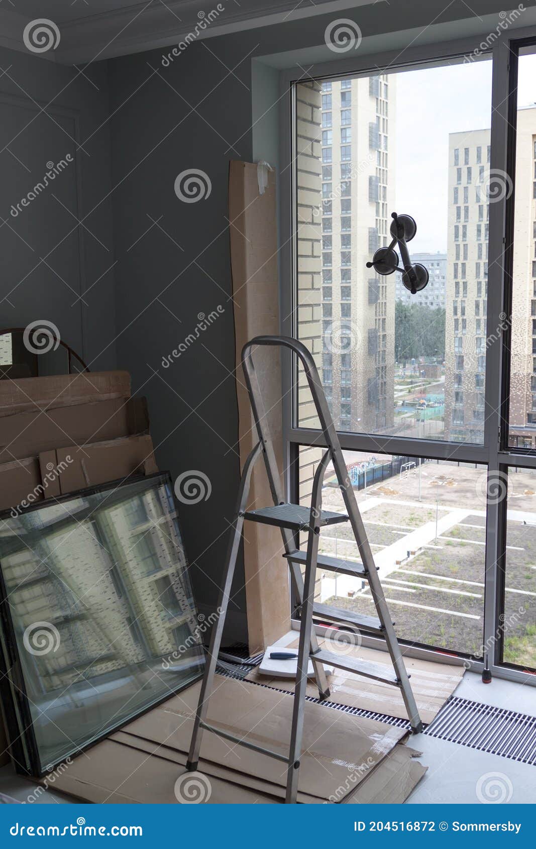 Step Ladder Near Disassembled Window and Removed Glass in Interior ...