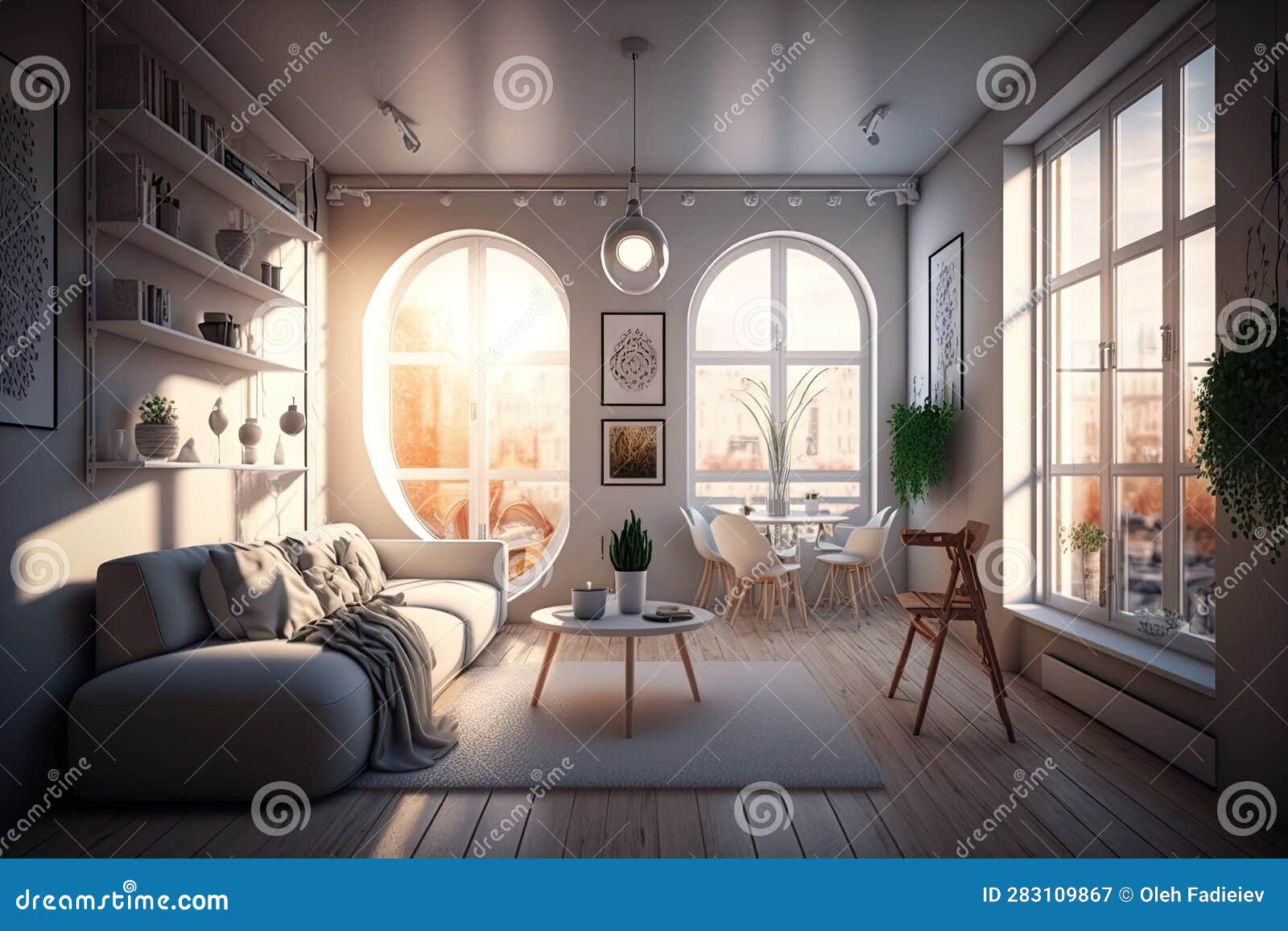 Modern Interior Design of the Living Room with Large Oval Windows Stock ...