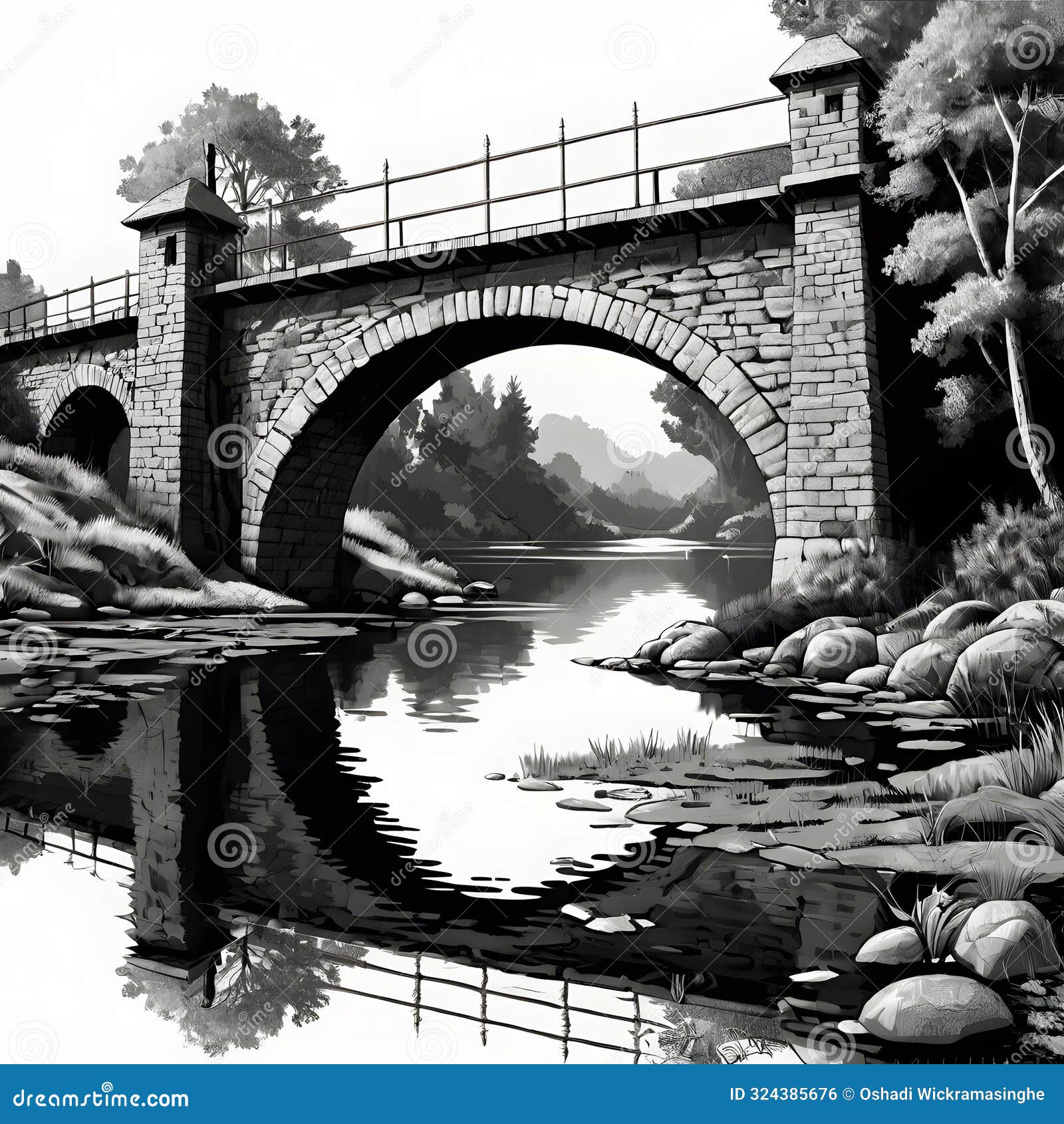 Vintage Charm: Illustrated Old Bridge in Black and White. Stock ...