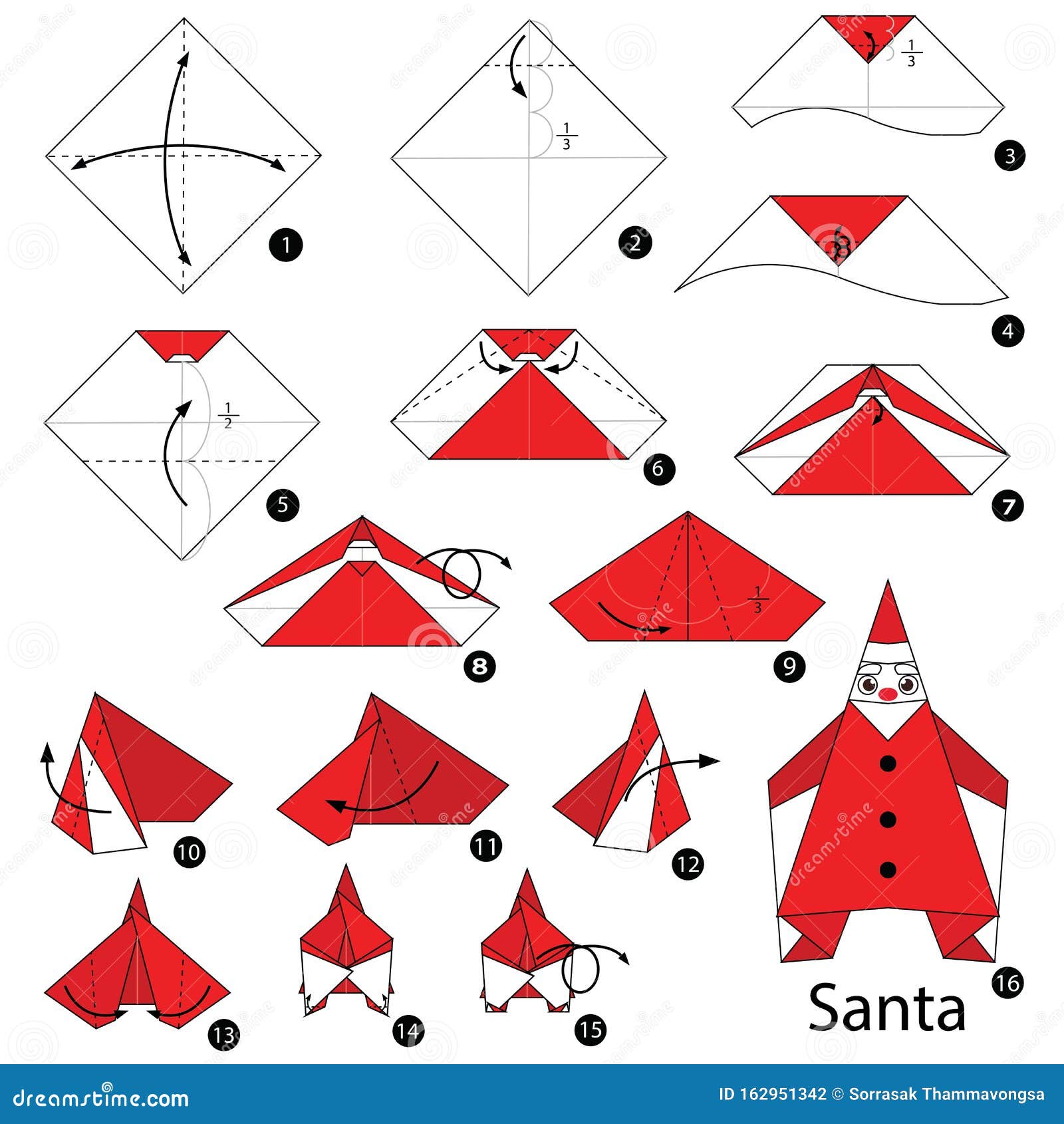 Step by Step Origami To Make a Paper Santa Stock Illustration ...