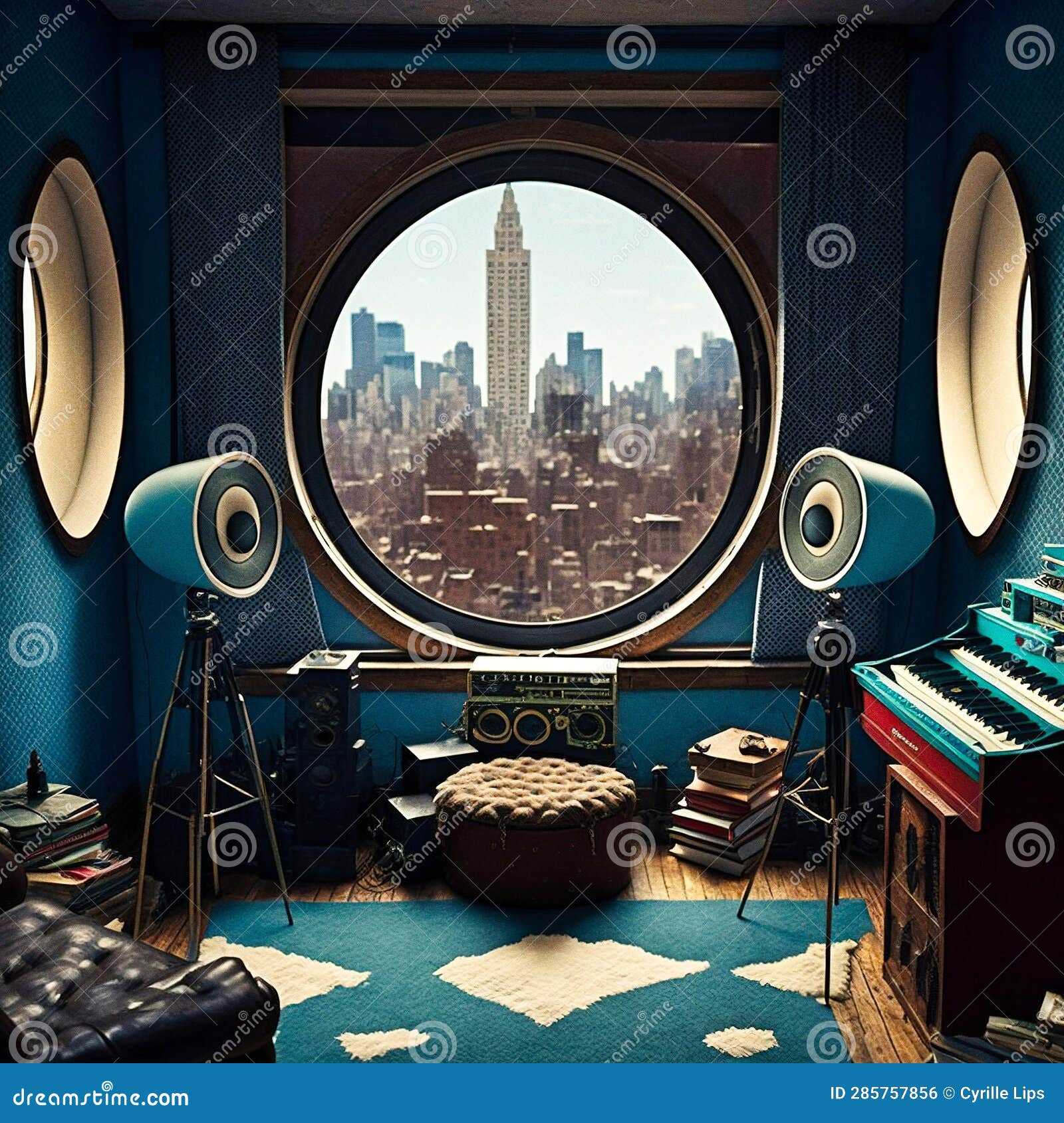 Retrofuturistic Recording Studio with Manhattan Skyline View ...