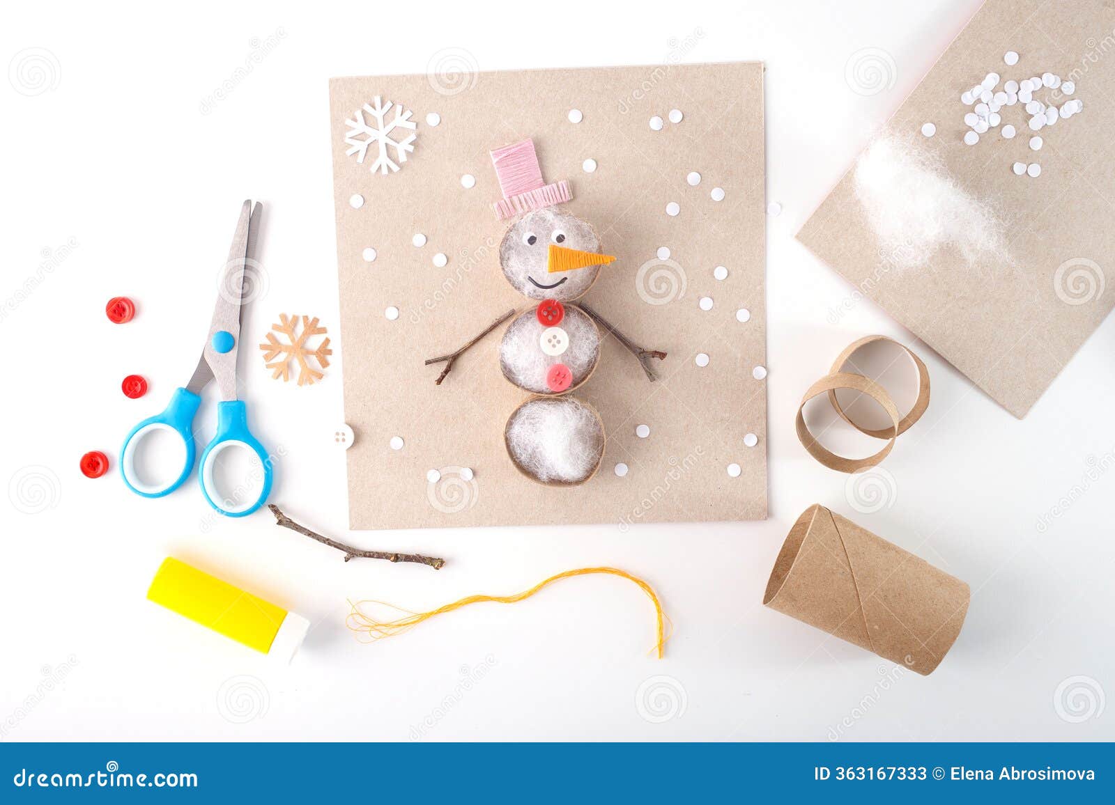 Step-by-step Snowman Craft Tutorial Using Natural Materials on Beige ...