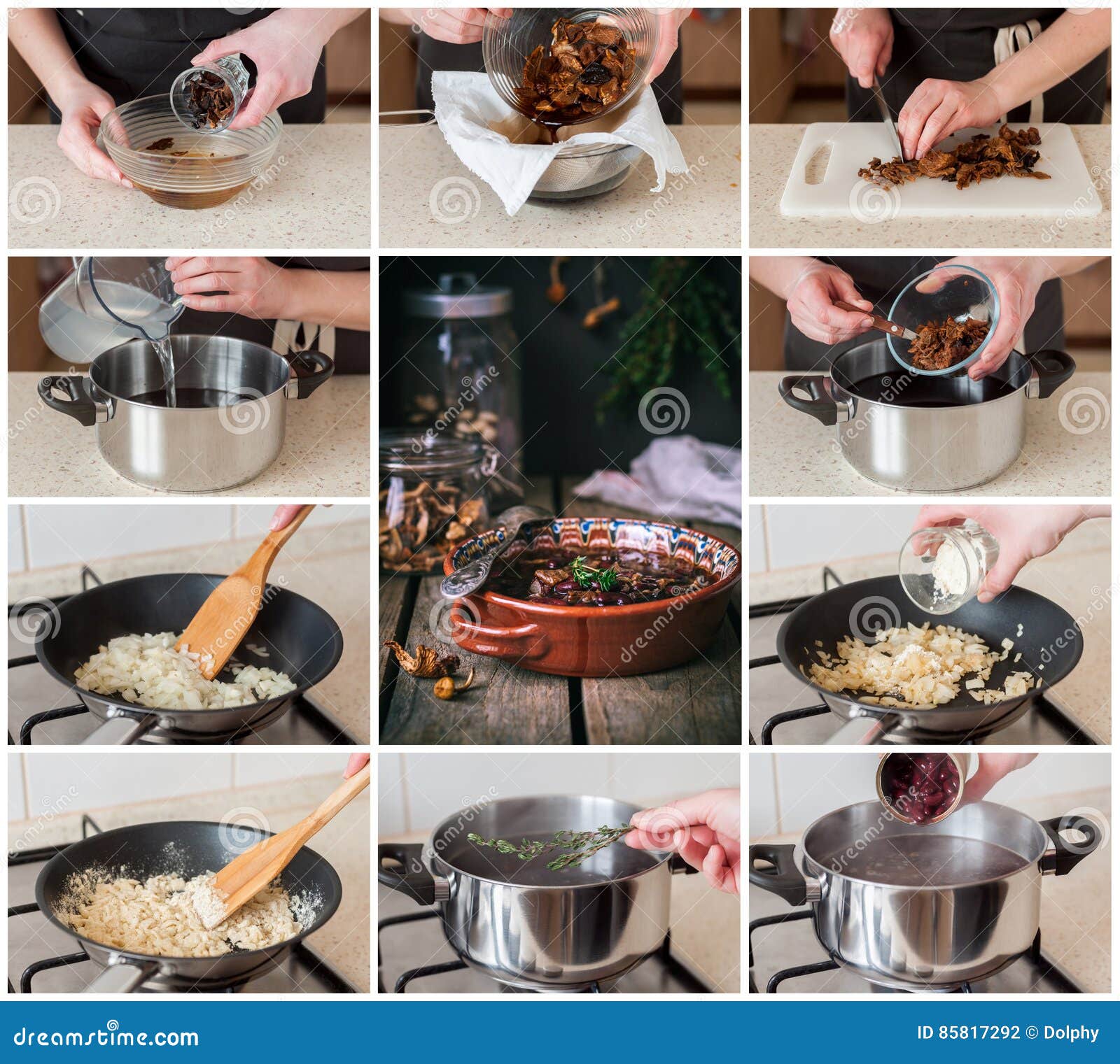 A Step by Step Collage of Making Wild Mushroom Soup Stock Photo - Image ...