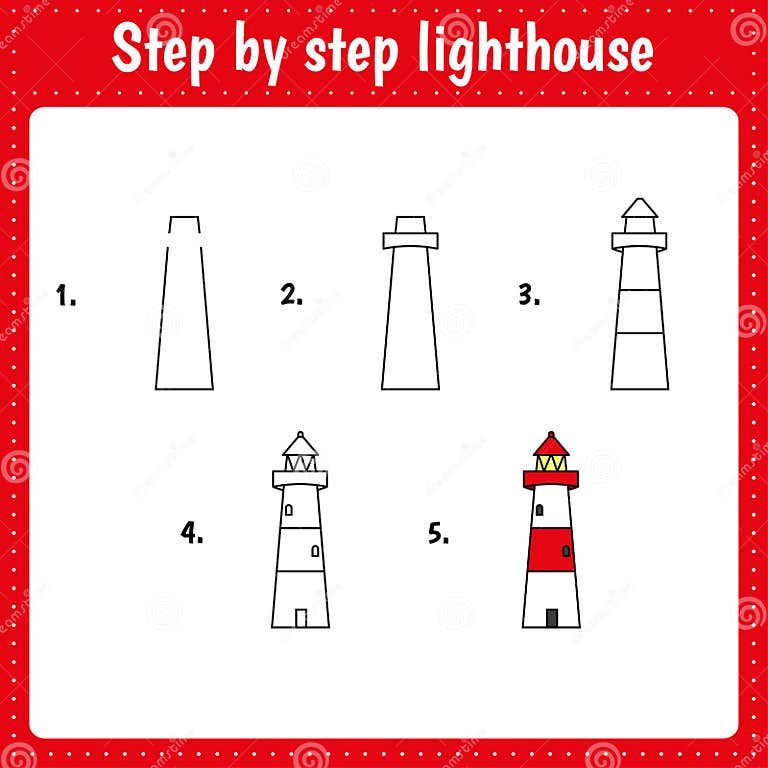 Step by Step Drawing Lighthouse Stock Vector - Illustration of color ...