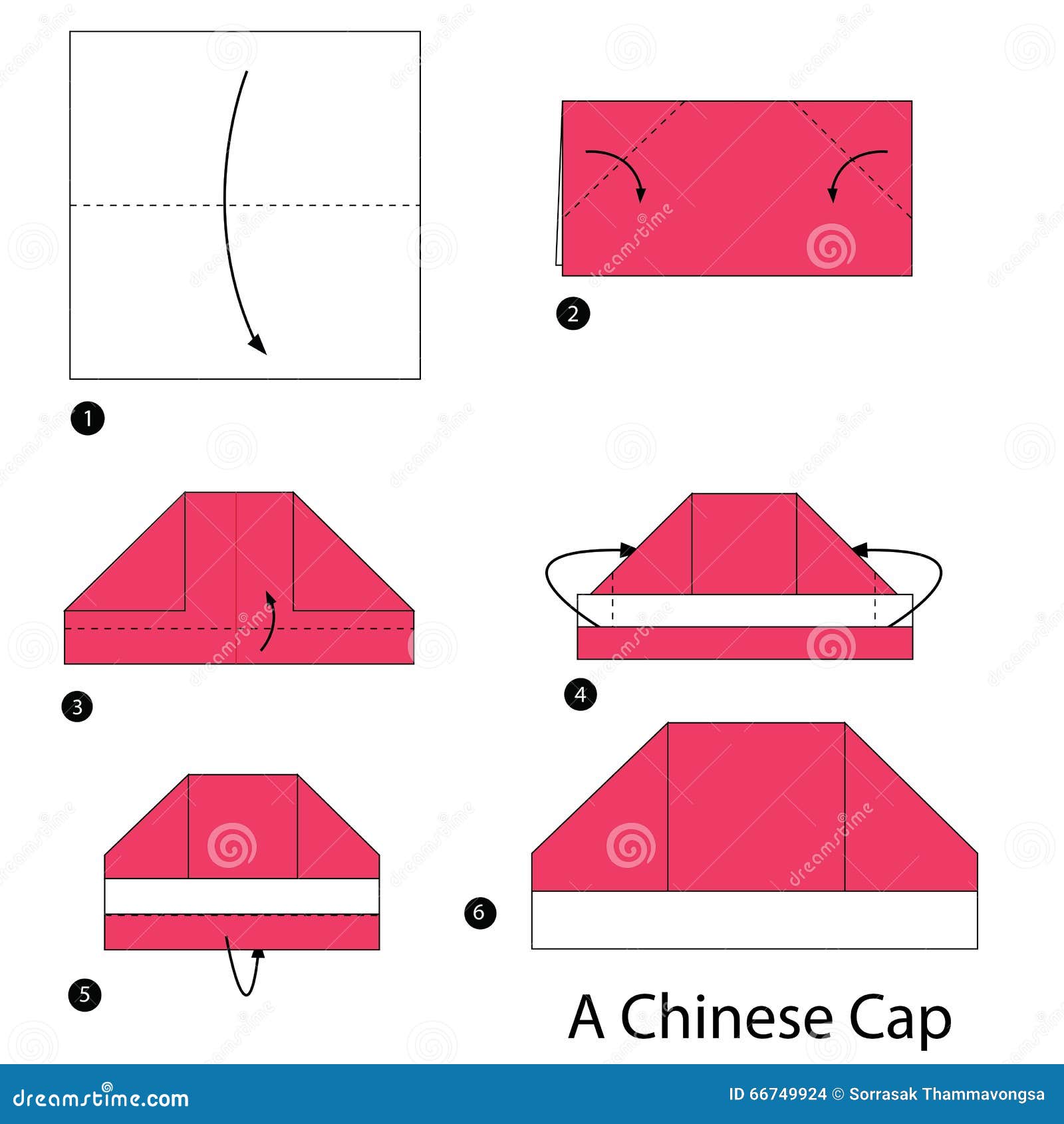 Step by Step Instructions How To Make Origami a Chinese Cap. Stock ...