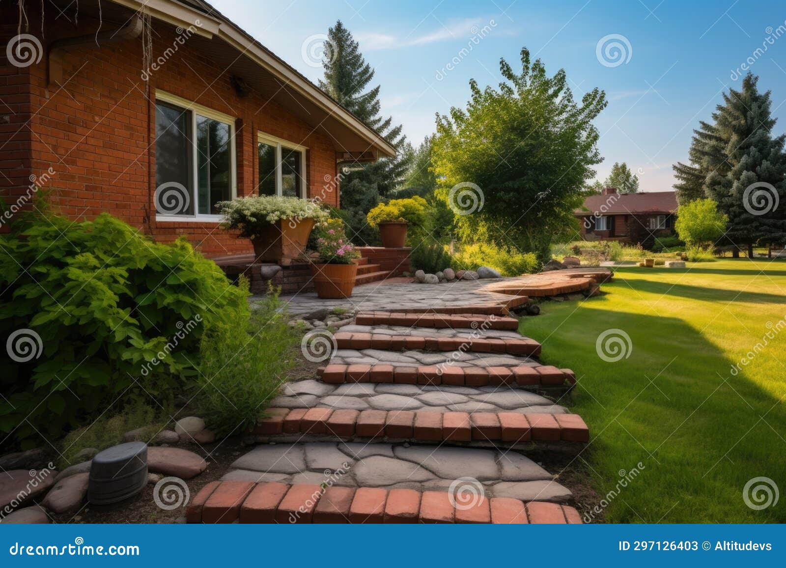 Step-stone Path Leading Up To a Brick Ranch House Stock Image - Image ...