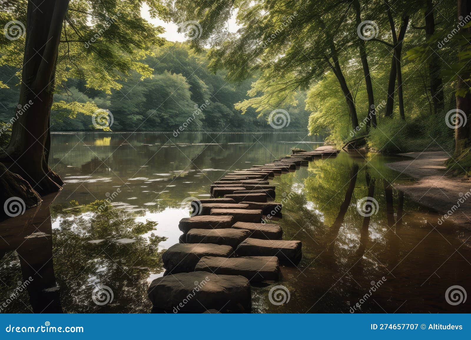 Step Stones Leading To a Serene Lake, Surrounded by Towering Trees ...