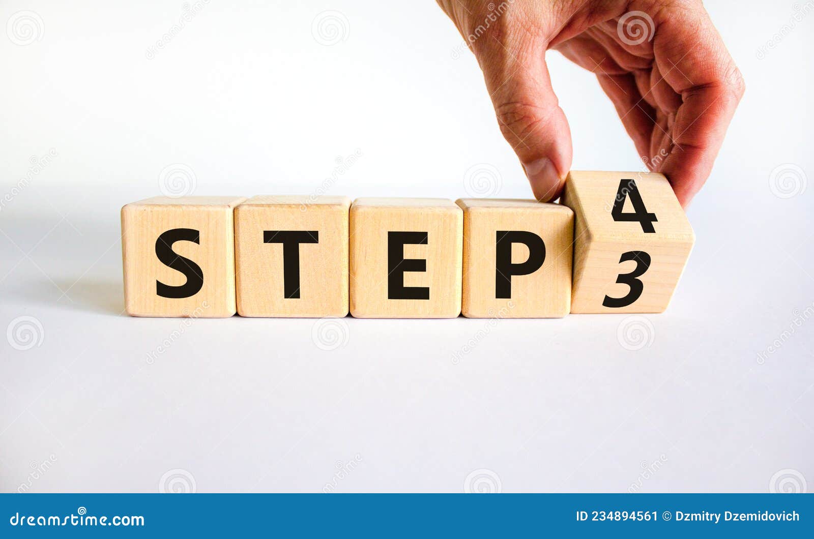 Step 3 or 4 Symbol. Businessman Turns a Wooden Cube and Changes Words ...