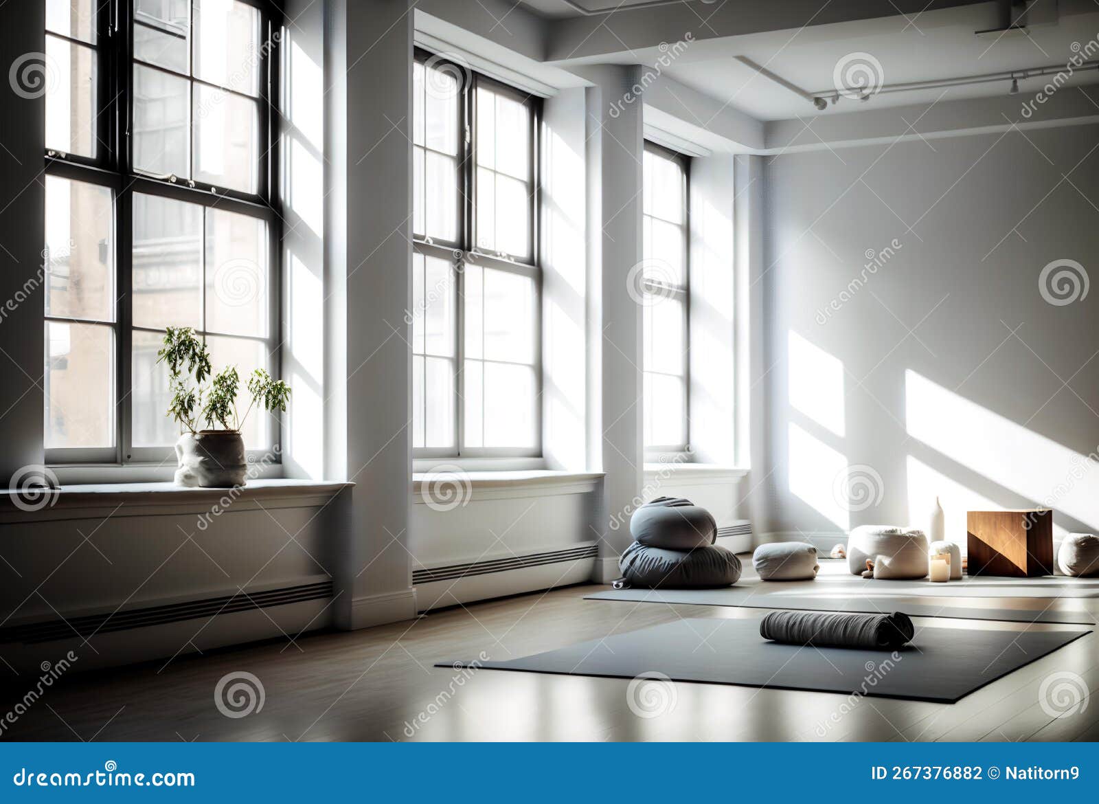 Empty Yoga Studio with a Variety of Prop Arranged Around the Space ...