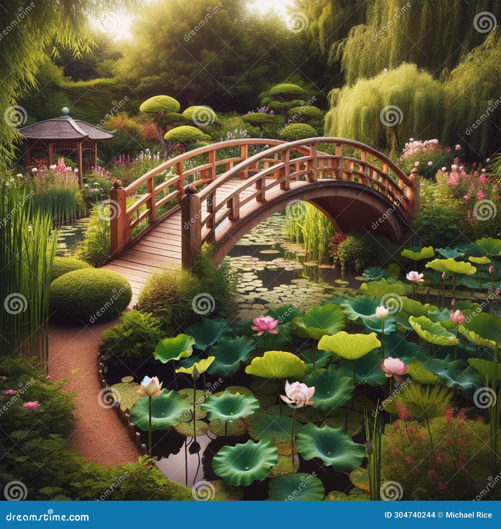 Japanese Style Bridge Over Lily Pad Oasis Stock Illustration ...