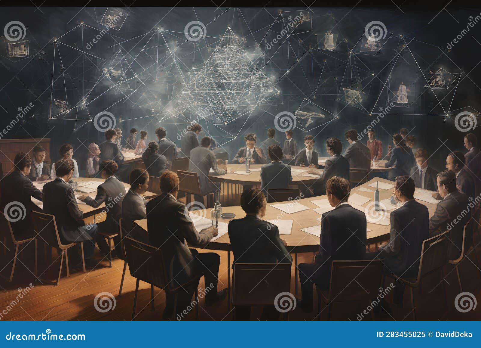 Group of Students in a Classroom with a Blackboard Full of Formulas ...