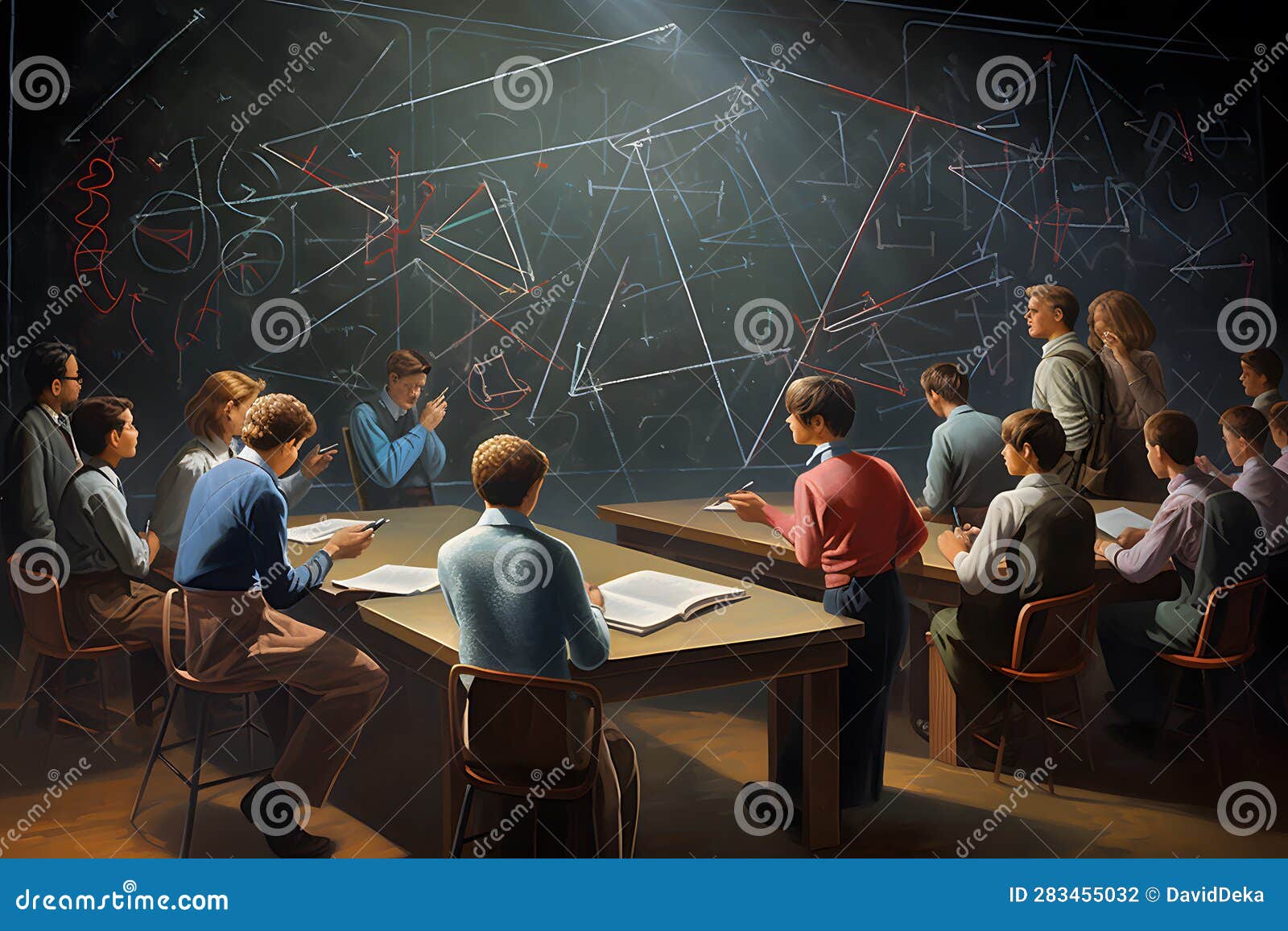 Group of Students in a Classroom with a Blackboard Full of Formulas ...