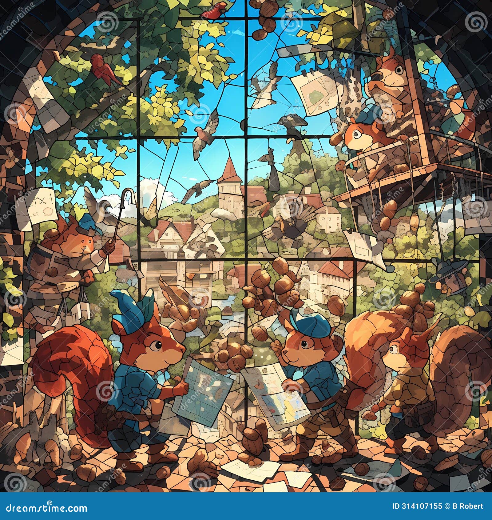 Enchanted Squirrels: Fantasy Stained Glass Illustration Stock ...