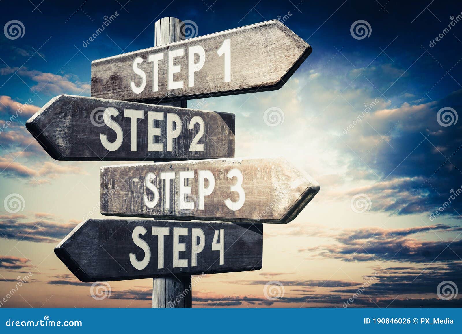 Step 1, 2, 3, 4 - Wooden Signpost, Roadsign with Four Arrows Stock ...