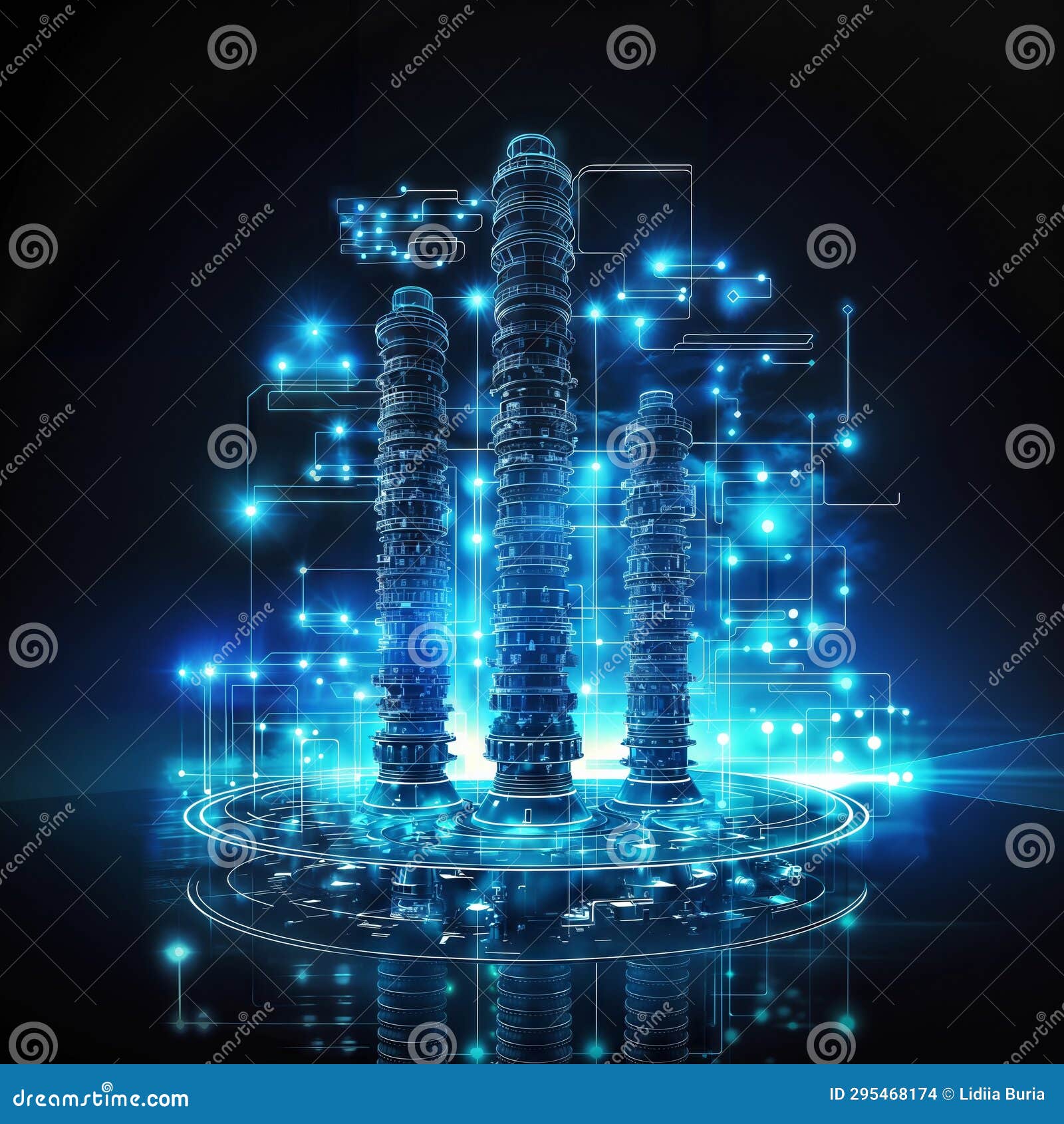 Abstract Technology Concept, Circuit Board and High Tech Tower on Dark ...