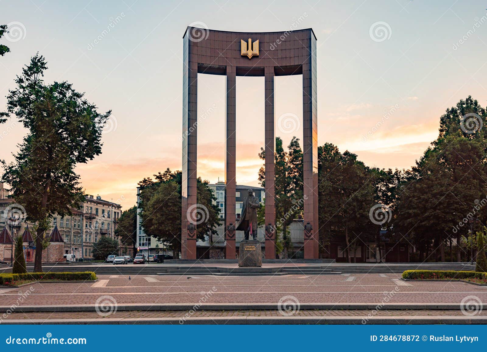 Stepan Bandera Monument in Lviv Stock Photo - Image of landscape ...