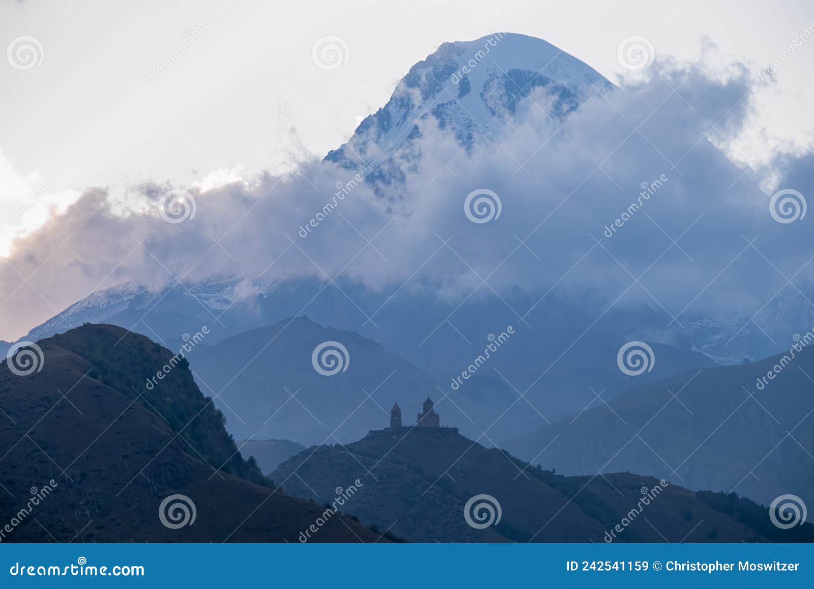 Stepantsminda - Distant View on Gergeti Trinity Church in Stepansminda ...