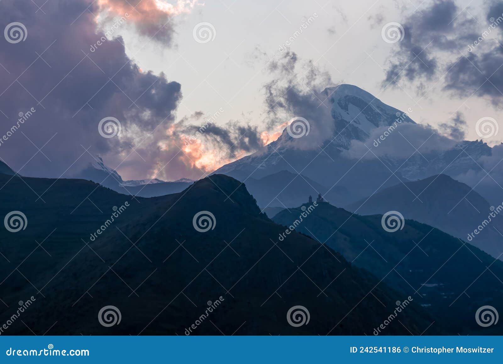 Stepantsminda - Distant View on Gergeti Trinity Church in Stepansminda ...