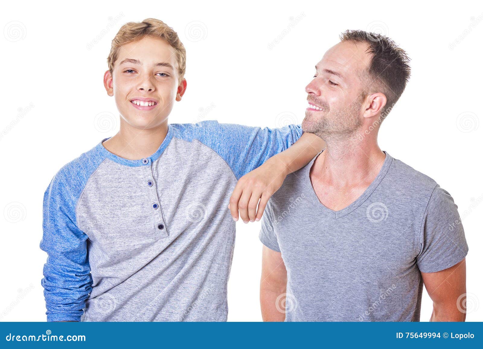 Stepfather and Son Standing Isolated on White Background Stock Photo ...