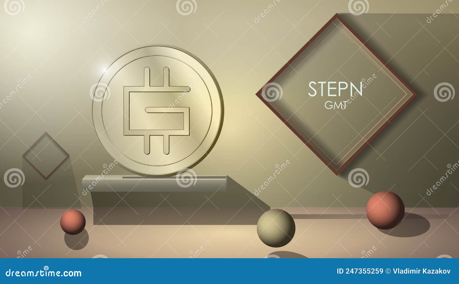 Stepn GMT Coin in Front View with Balls on Floor and Frames on Wall in ...