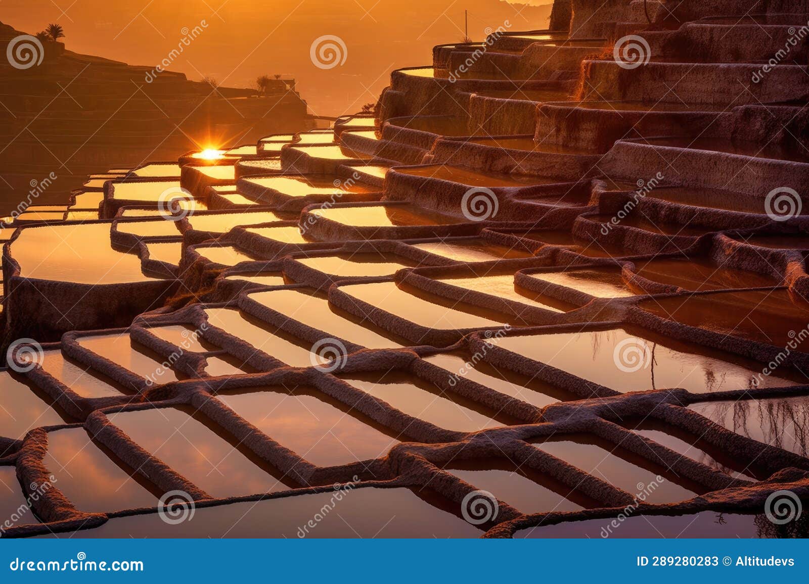 Stepped Terraces with Water Reflections in Sunset Stock Image - Image ...