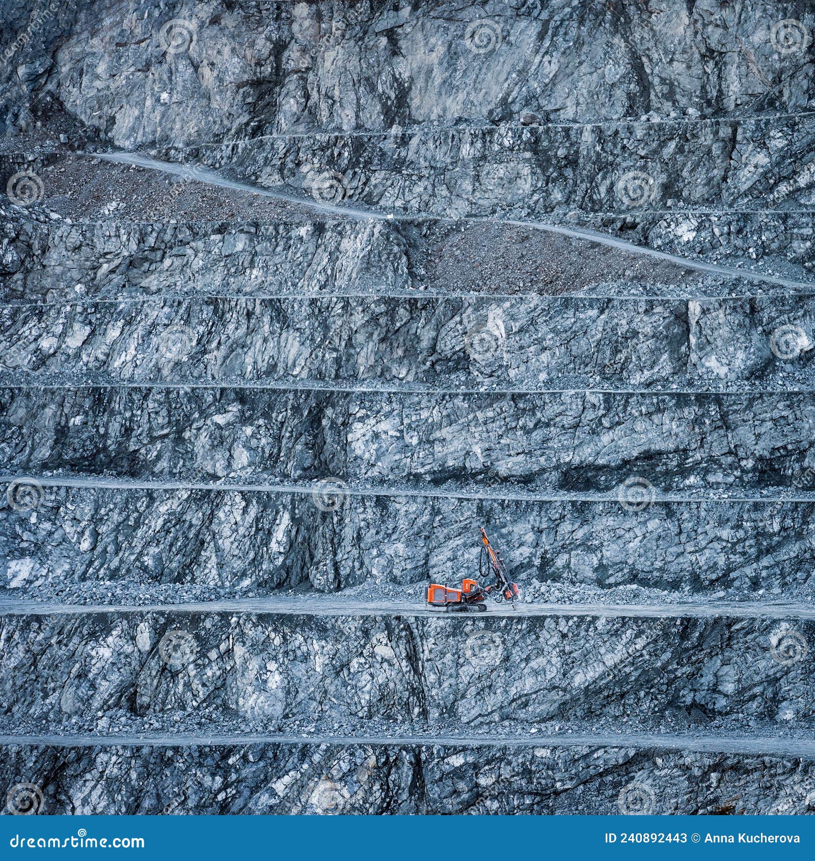 Stepped Wall of Diabase Stone Quarry with Red Drilling Rig Stock Image ...