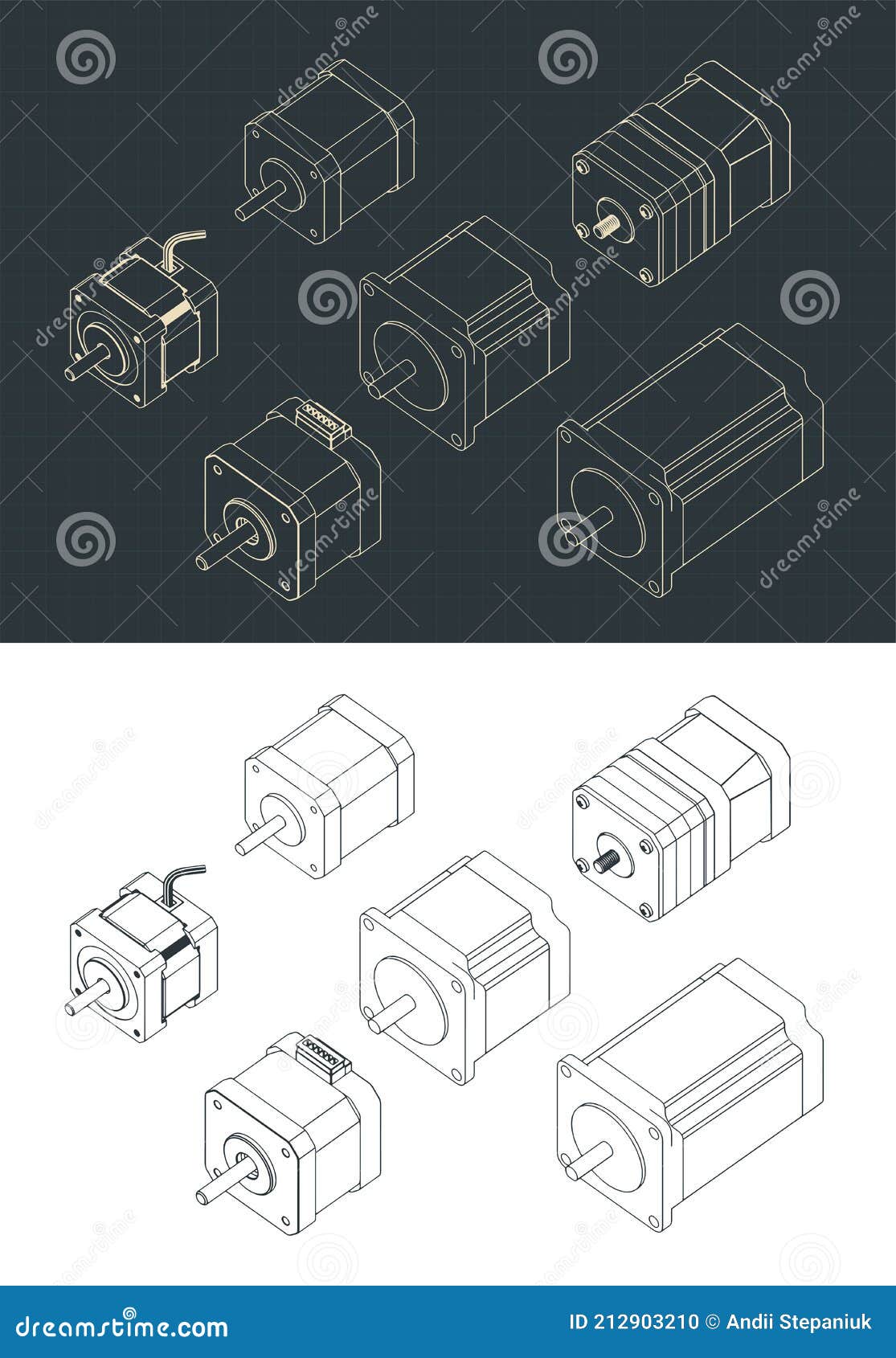 Stepper Motors Isometric Drawing Set Vector Illustration ...