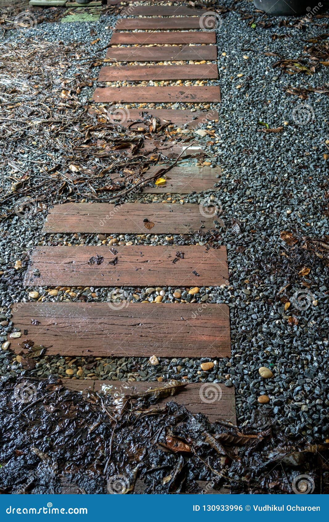 Stepping Wood Walkway within Grey Rock Stone. Stock Photo - Image of ...