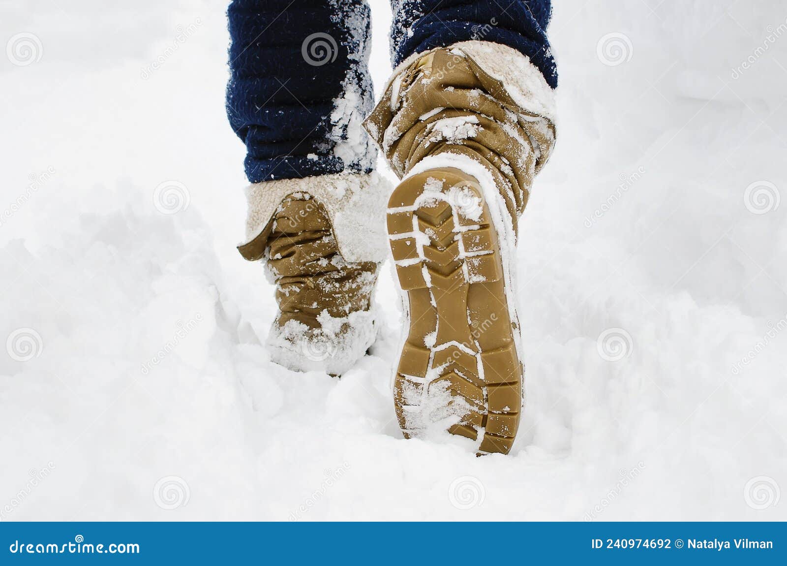 Steps Along the Snow-covered Path. a Human Walks in the Park in the ...