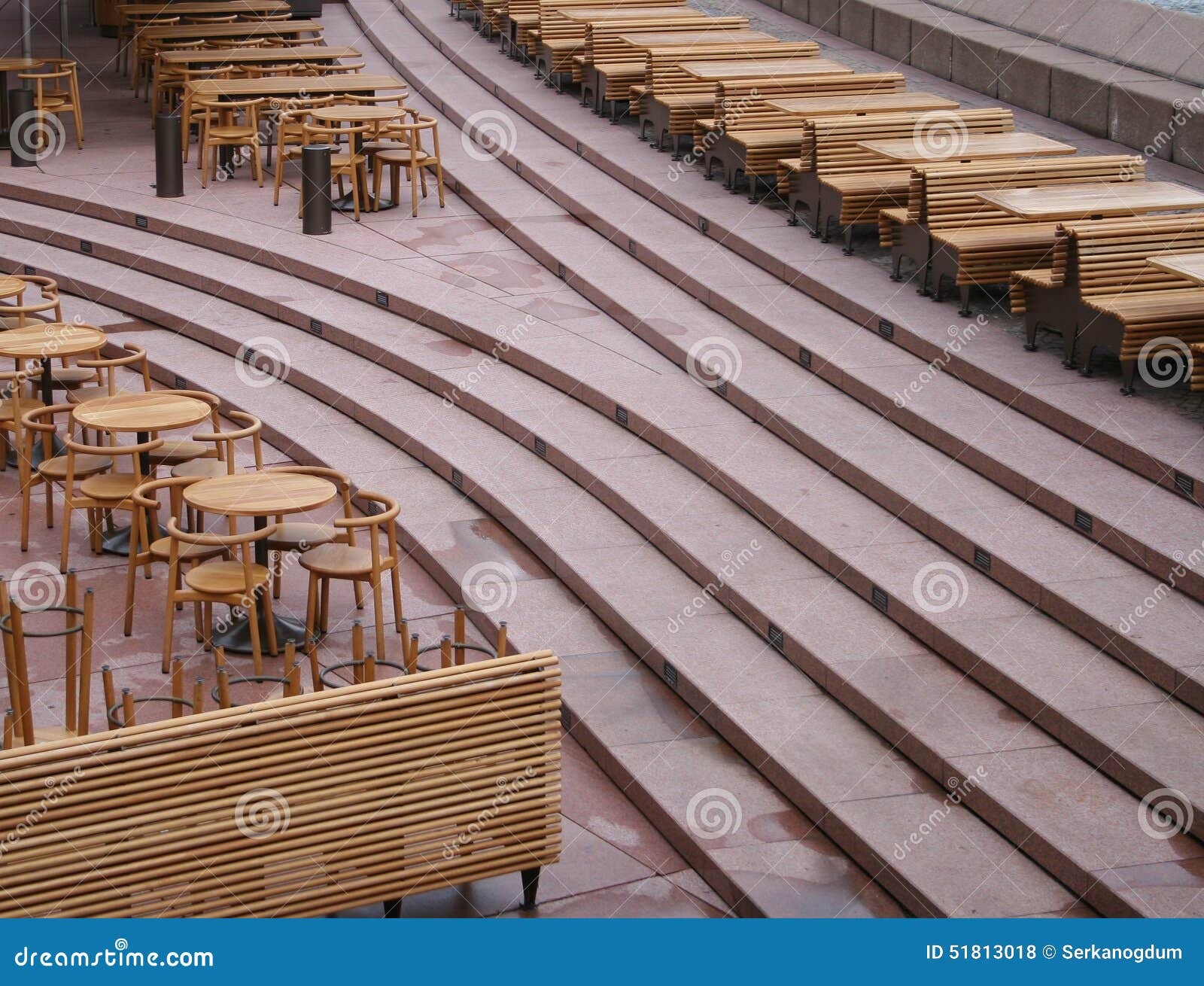 Steps between the Cafe Seats Stock Photo - Image of wooden, morning ...