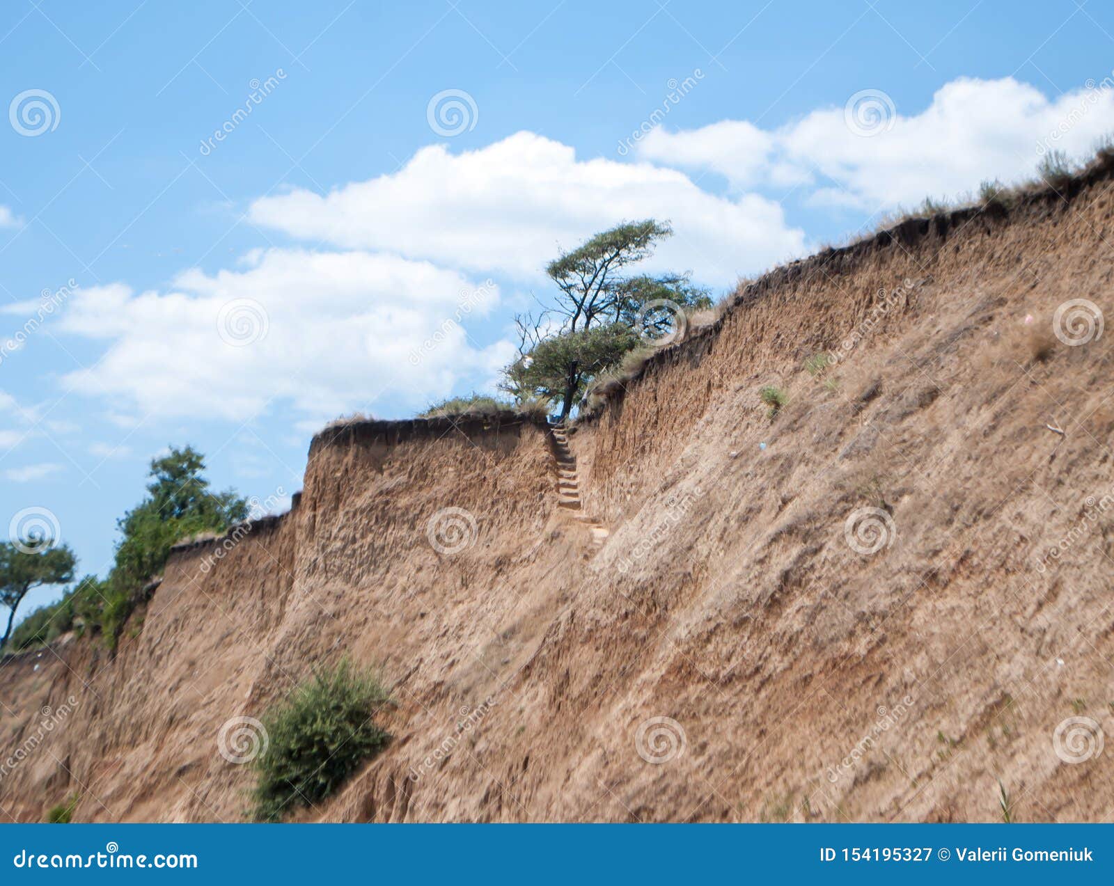Steps Going Up the Cliff, Trees on the Top of the Cliff, and Clouds in ...