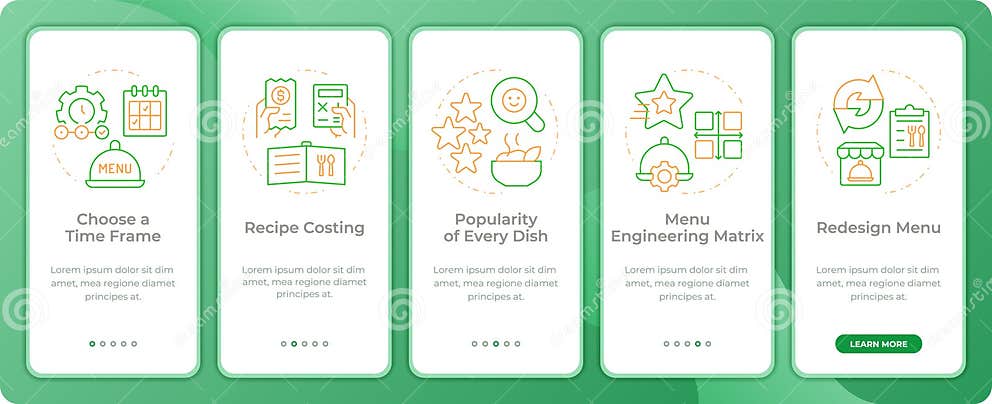 Steps of Menu Engineering App Onboarding Screens Stock Illustration ...