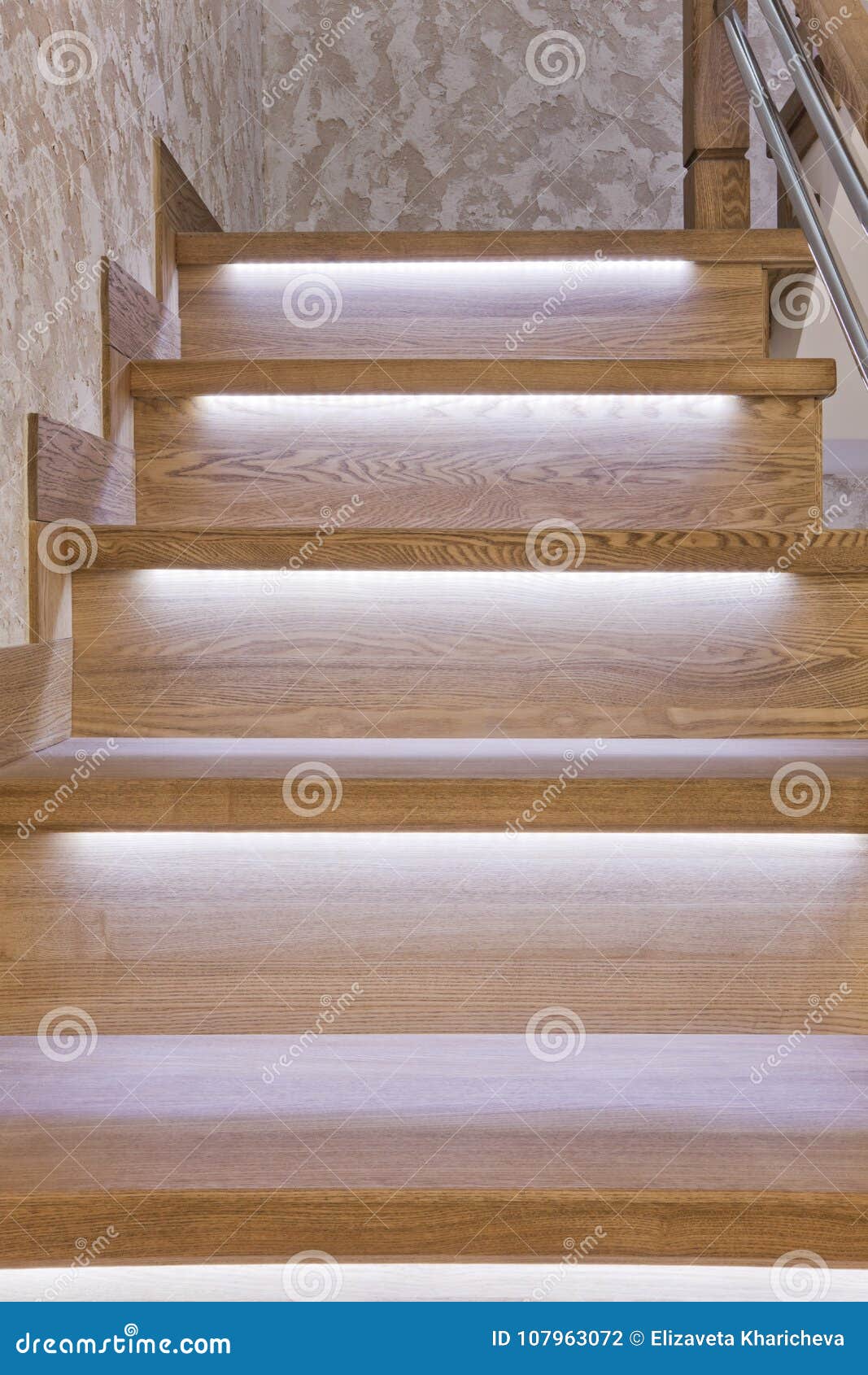 Steps of Oak Staircase with LED Backlight Stock Photo - Image of empty ...