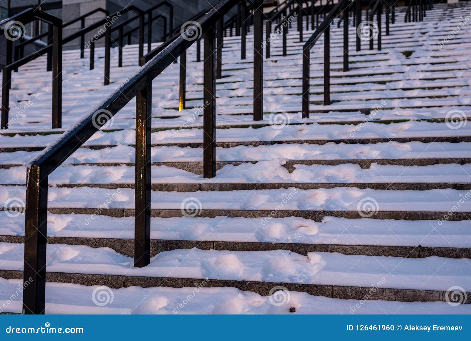 Steps in the Snow with Railing Stock Photo - Image of aisle, horizontal ...