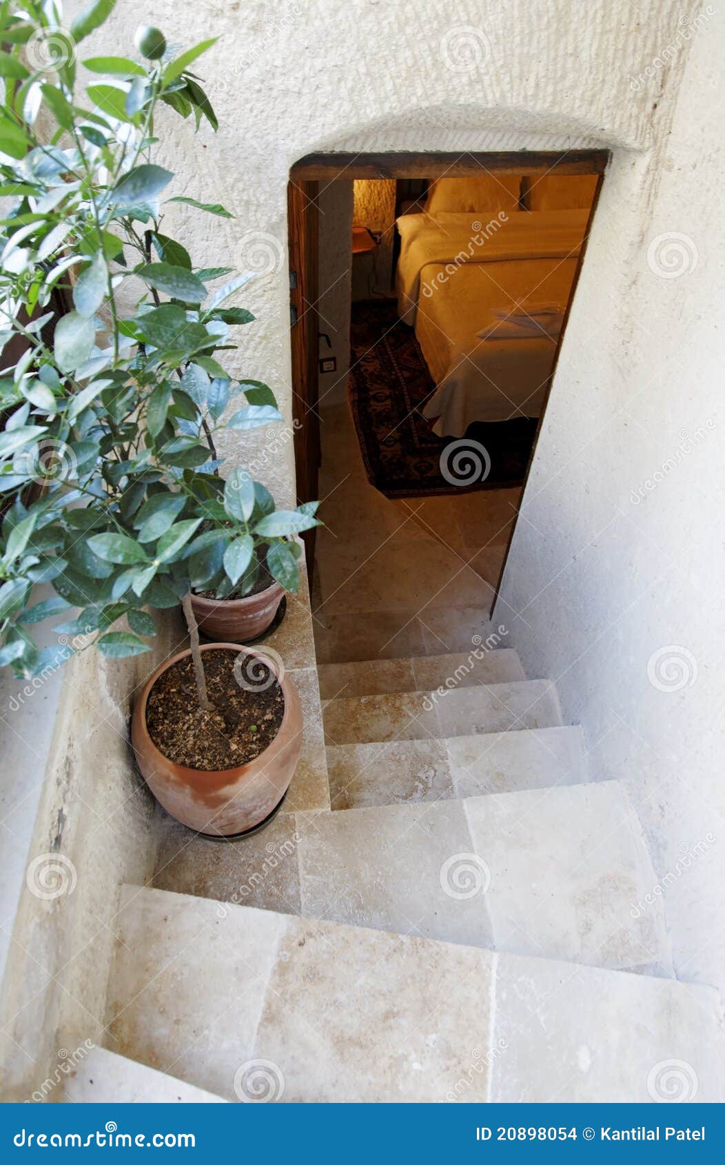 Steps To Basement Bedroom with Door Open Stock Photo - Image of space ...