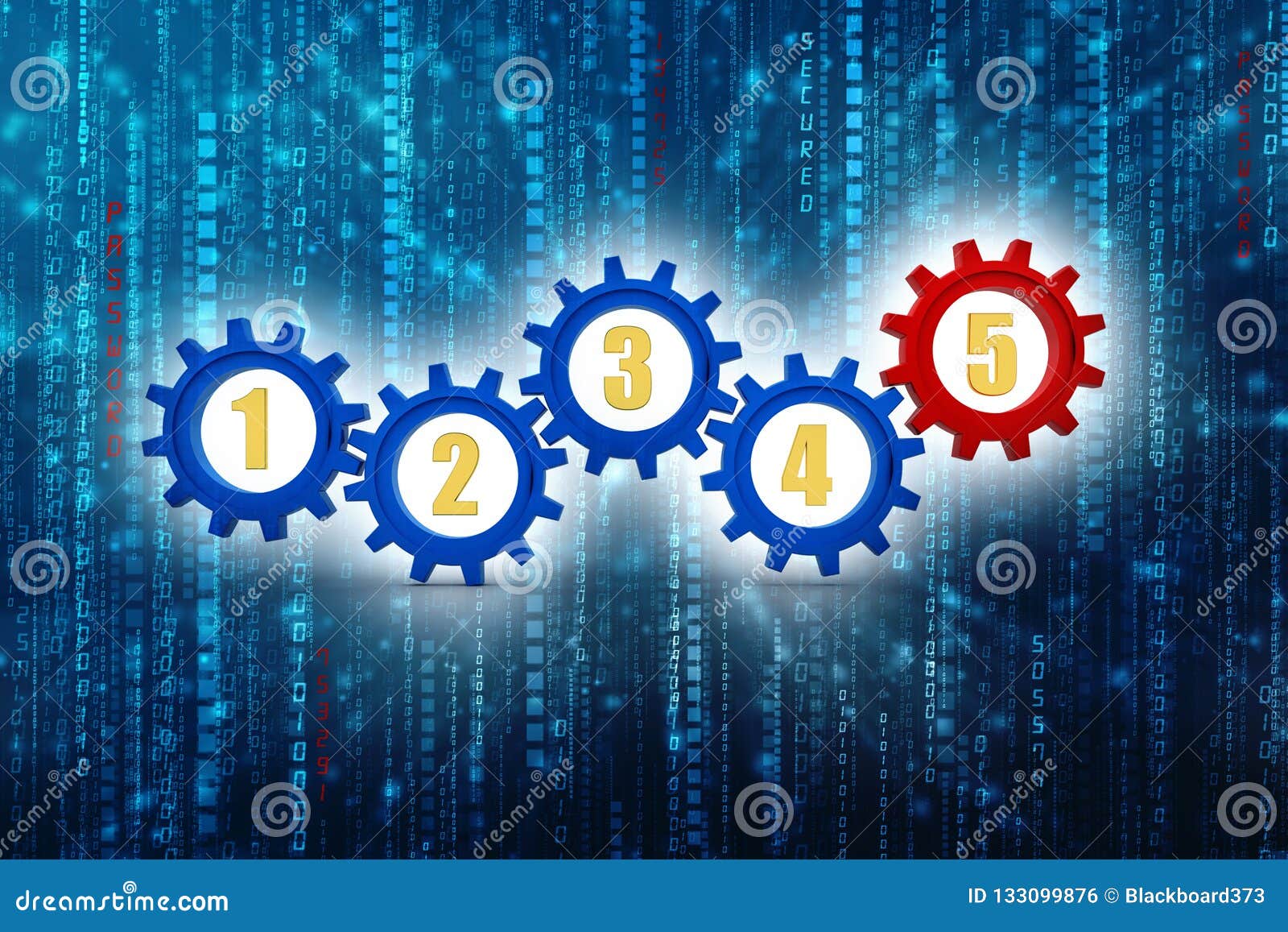 Steps 1 To 5 Numbers Gears Process System Procedure. 3d Render Stock ...