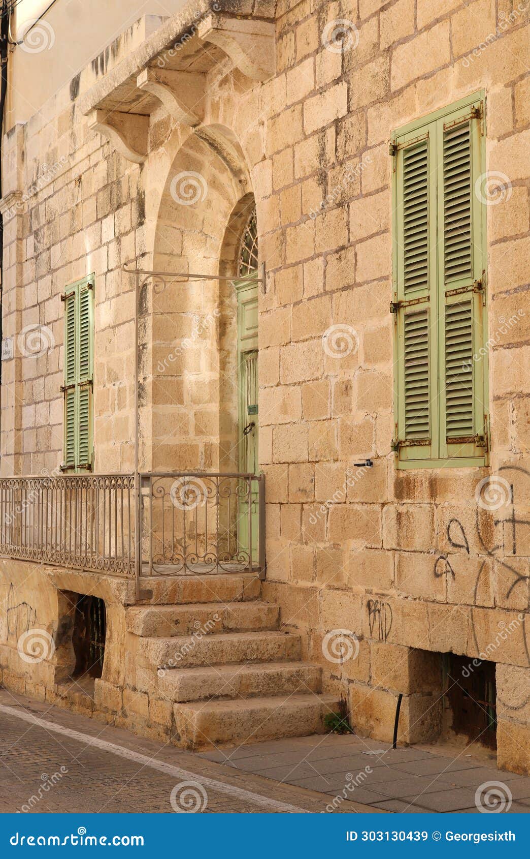 Steps To Railings, Door, Shutters, Stone Building Stock Image - Image ...