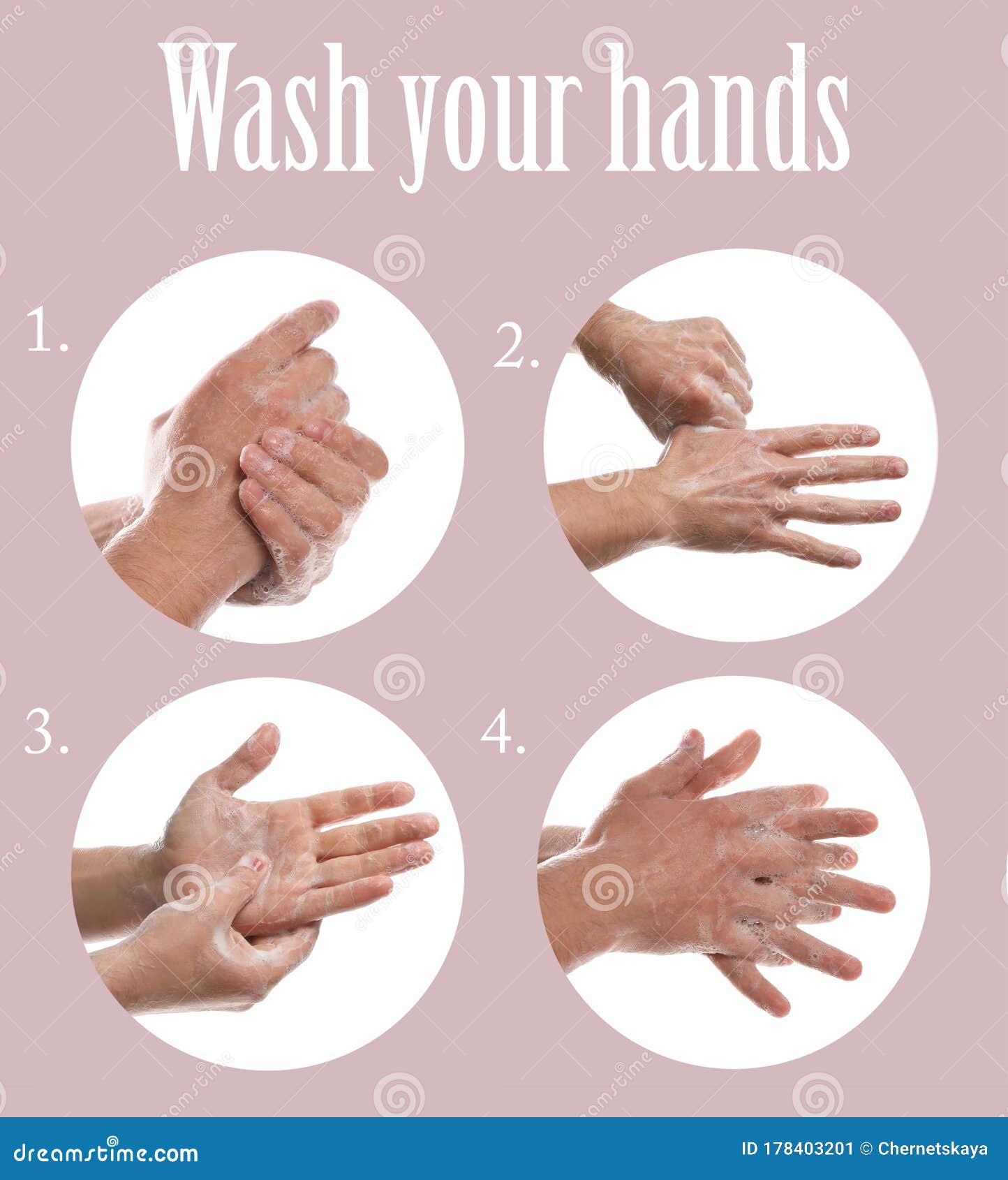 Steps Of Washing Hands Effectively. Collage With Man On Pink Background ...