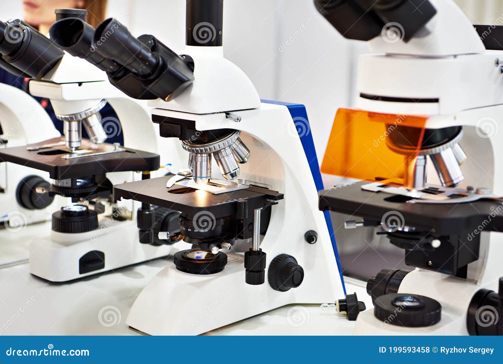 Stereo Microscopes on Display Stock Photo - Image of scientific ...