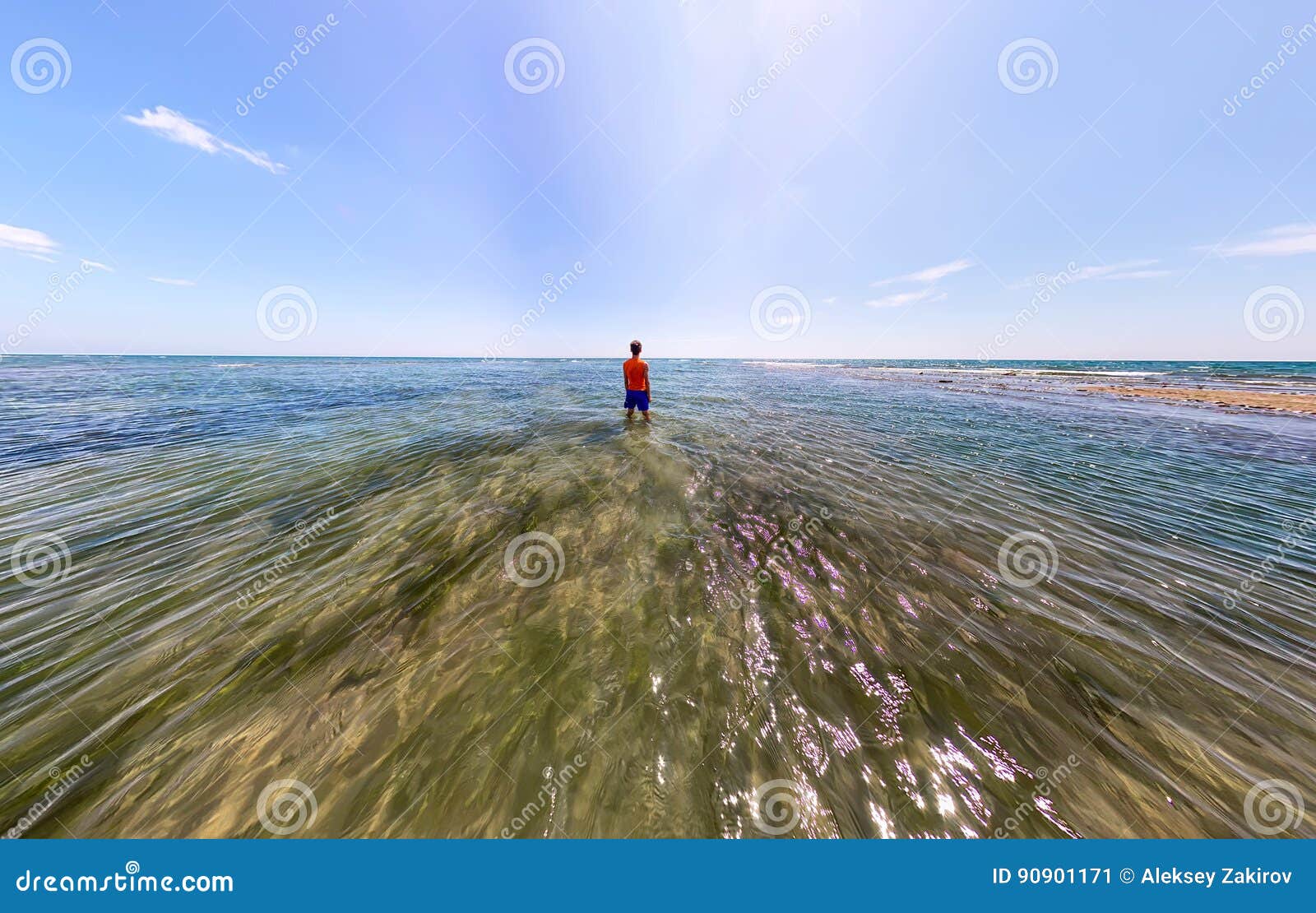 Stereographic Wide-angle Panorama a Man Stands in the Sea Stock Image ...