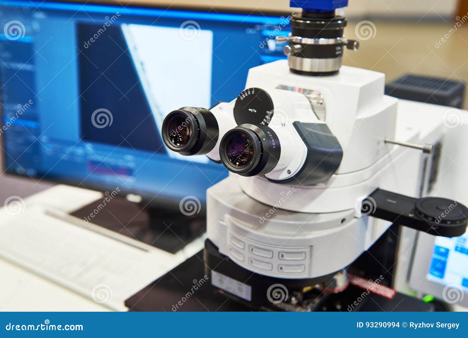 Stereomicroscope and Computer Screen in Laboratory of Industrial Stock ...