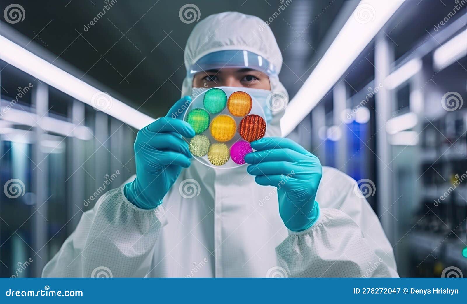 Sterile Coverall-clad Asian Technician Examining Colored Petri Dishes ...