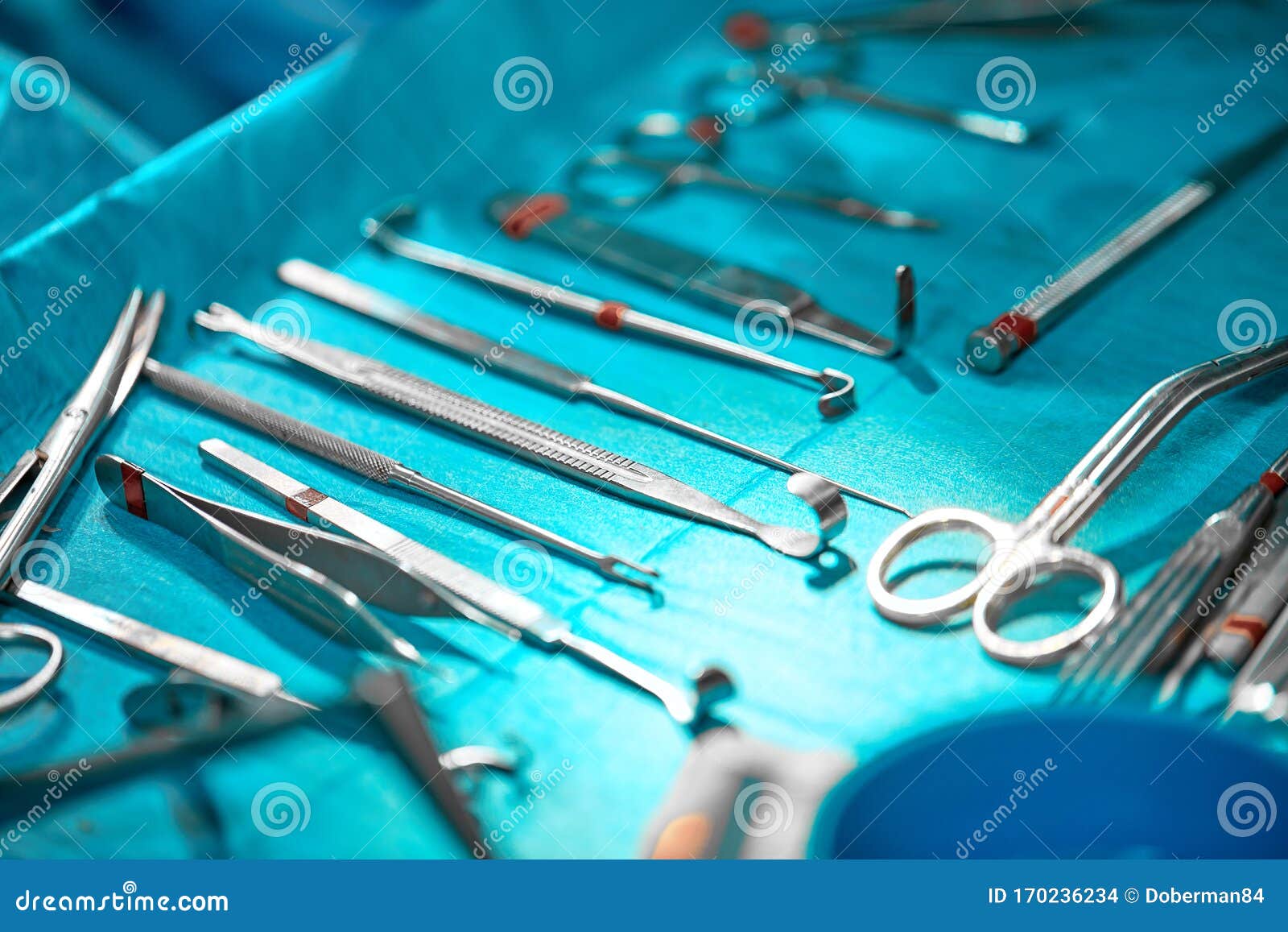 Sterile Instruments on the Operating Table, Blue Light, Real Operating ...